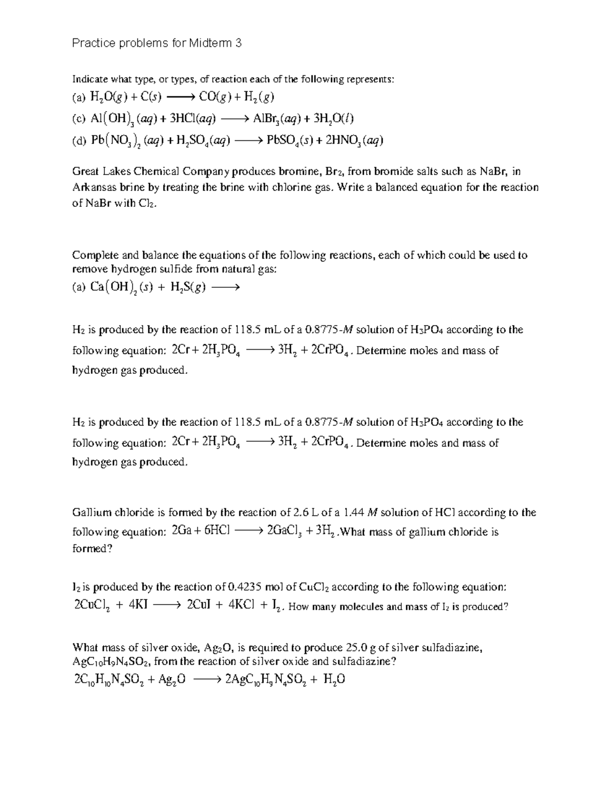 Practice Problems for Midterm 3 - Chemistry - Studocu