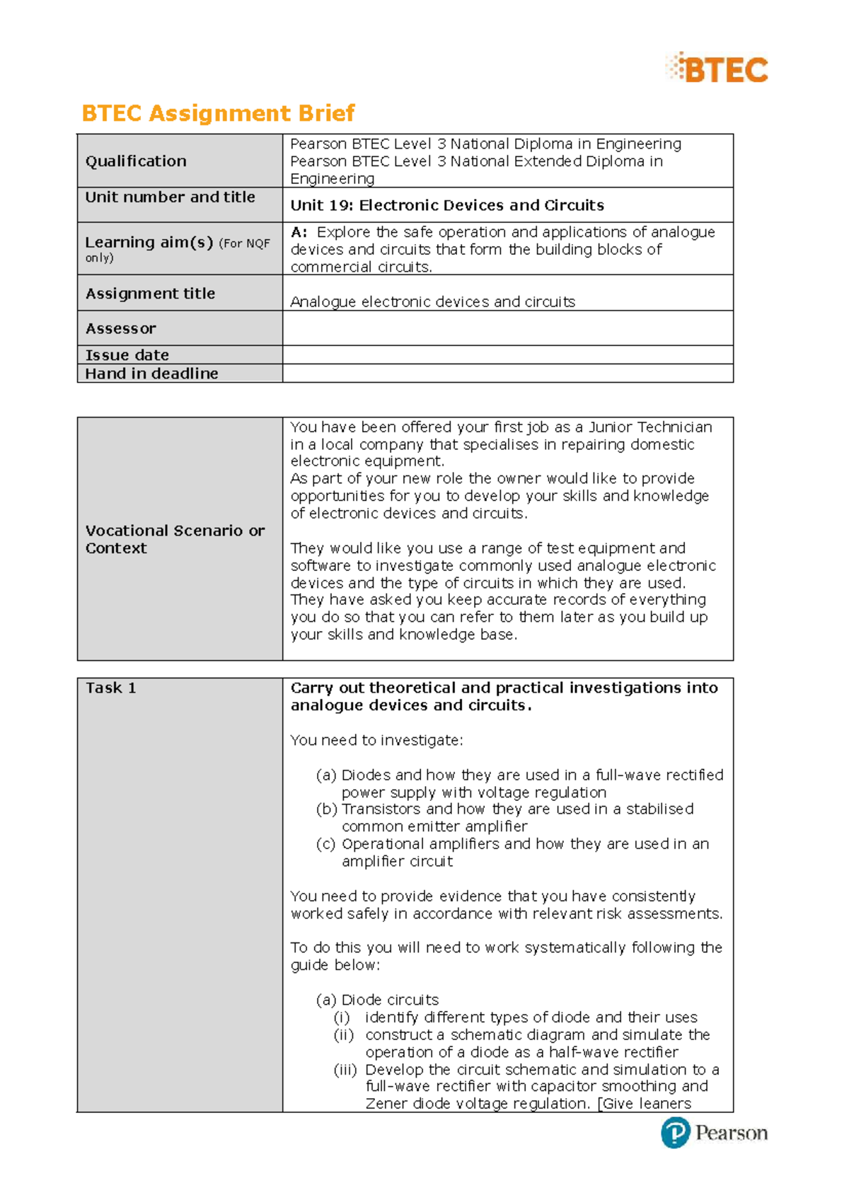 Unit 19: Authorised Assignment Brief for Learning Aim A - Electronic Devices & - Studocu