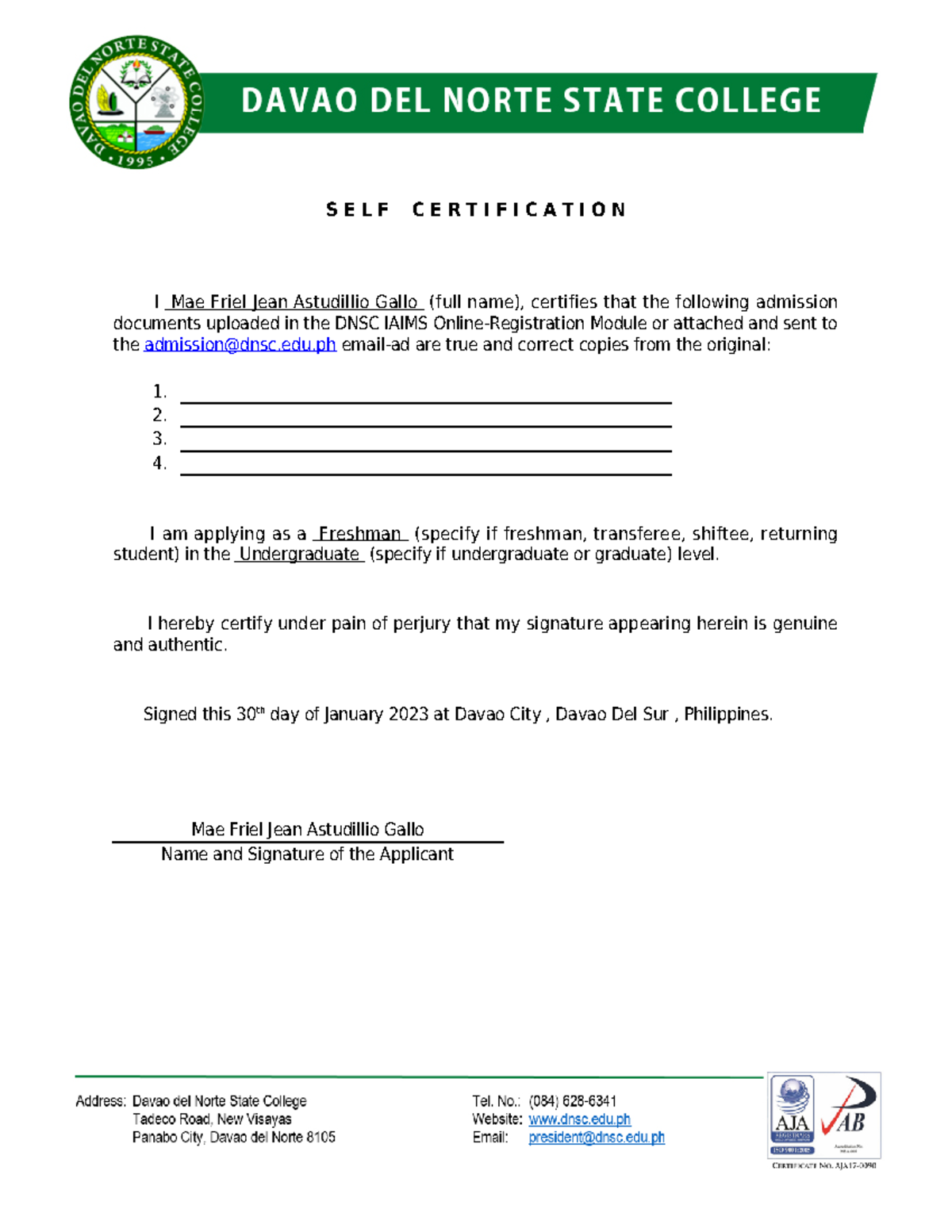 Self Certification Form for Freshman Admission - DNSC IAIMS Module ...