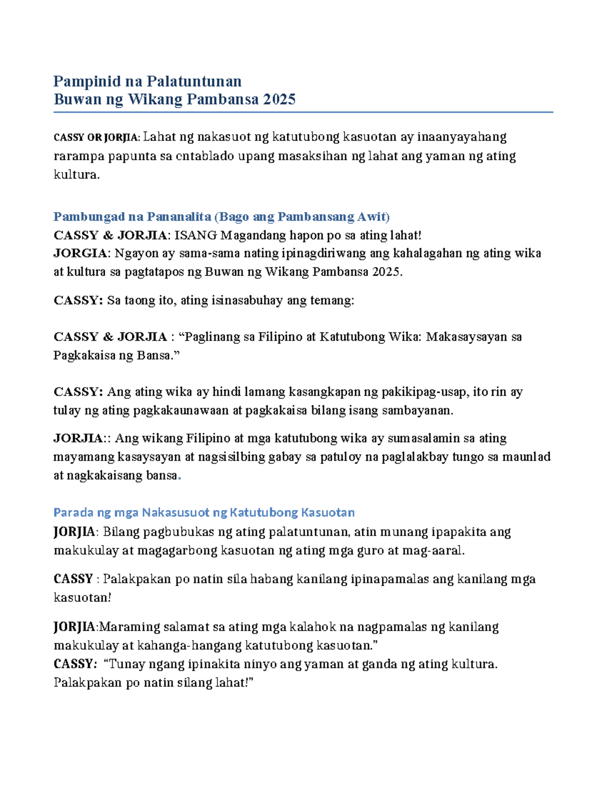 Pampinid na Palatuntunan para sa Buwan ng Wika 2025 - Studocu