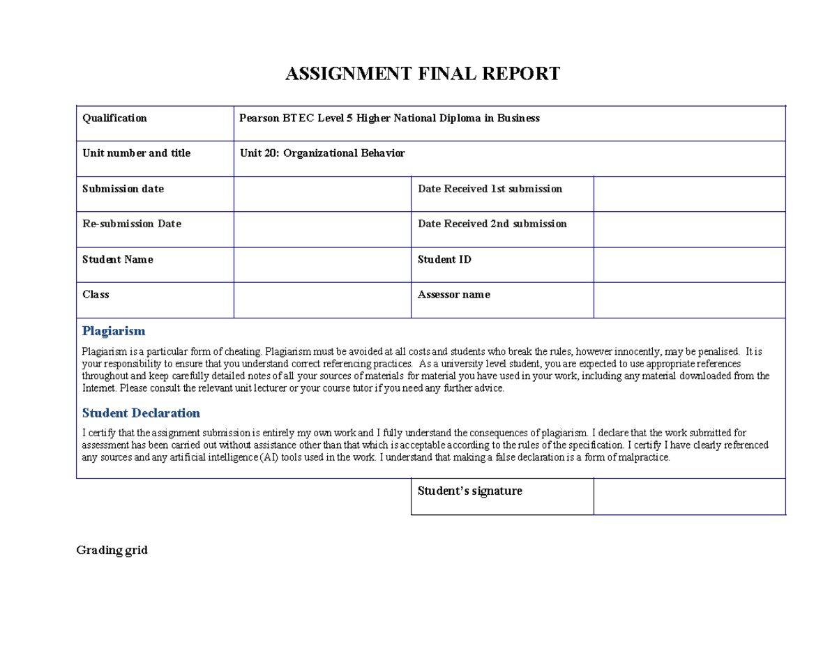 BTEC Level 5 HND Business Unit 20: Org Behavior Final Report - Studocu