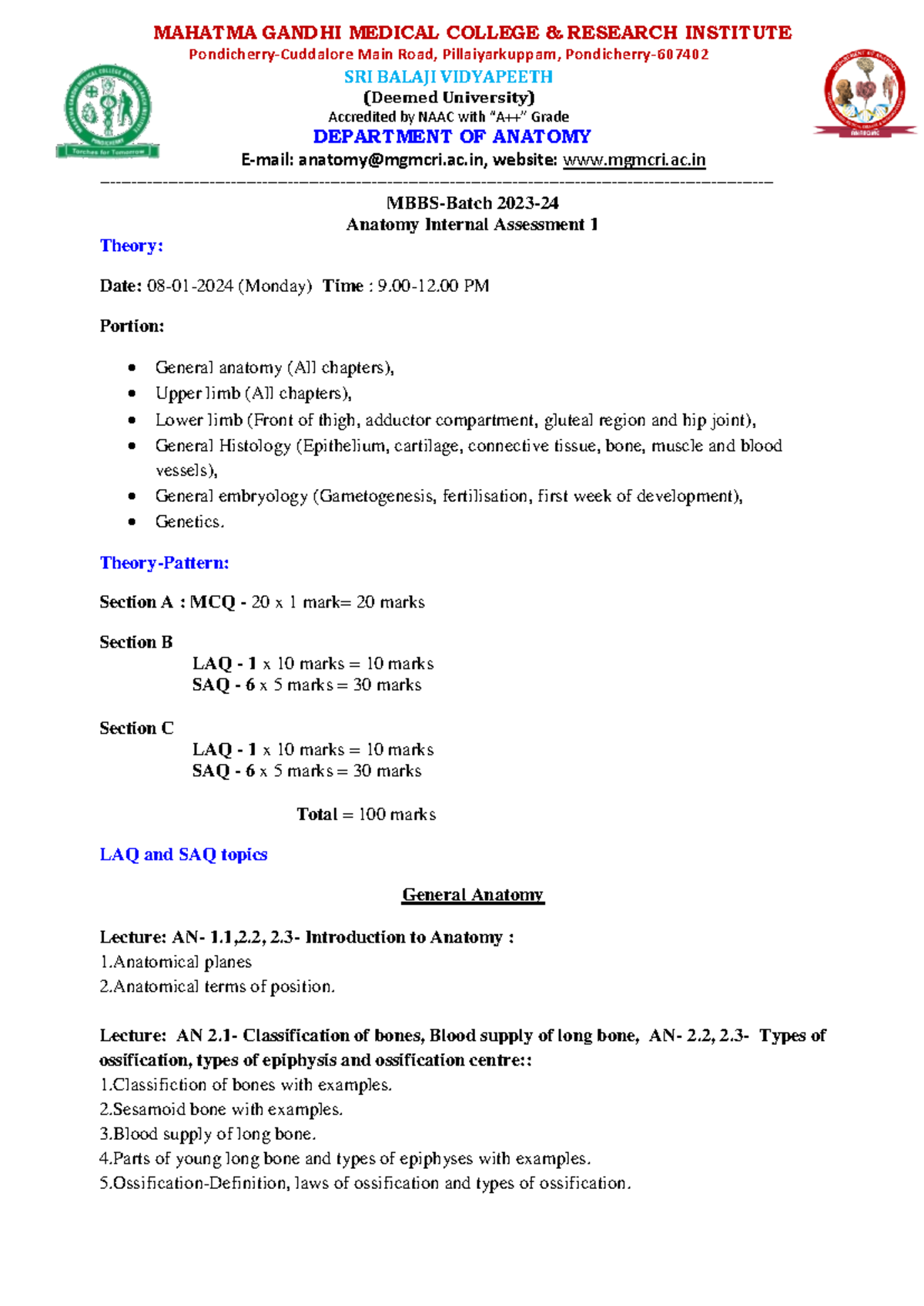 MBBS-B 23-IA 1- Anatomy -Theory and practical pattern and topics ...