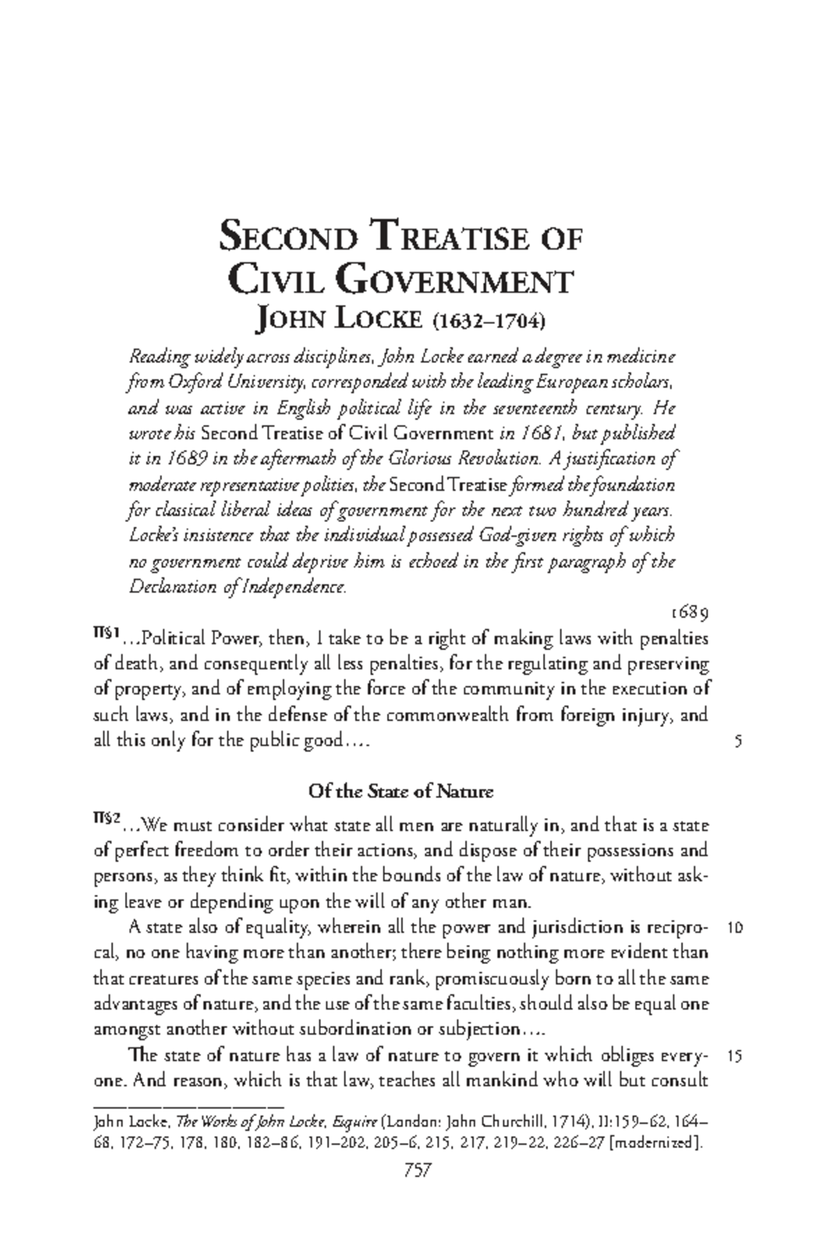 Second Treatise of Civil Government (757) - John Locke Analysis - Studocu