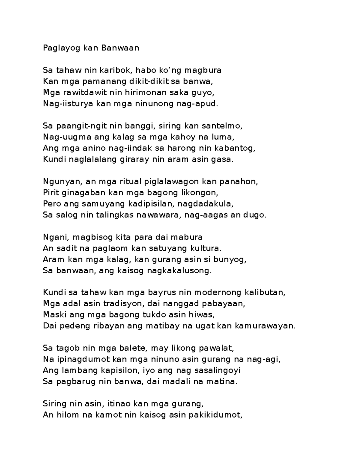 Paglayog kan banwaan: Tula sa mga pamana at tradisyon sa modernong ...