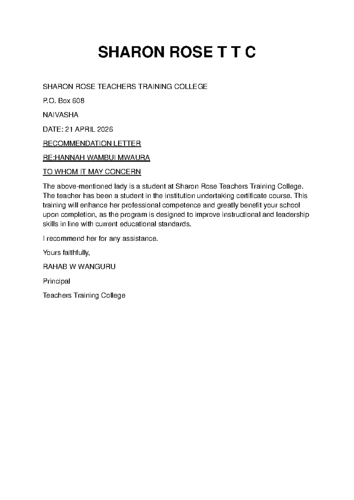 Study letter 1 - ASSIGNMENT - SHARON ROSE T T C SHARON ROSE TEACHERS ...