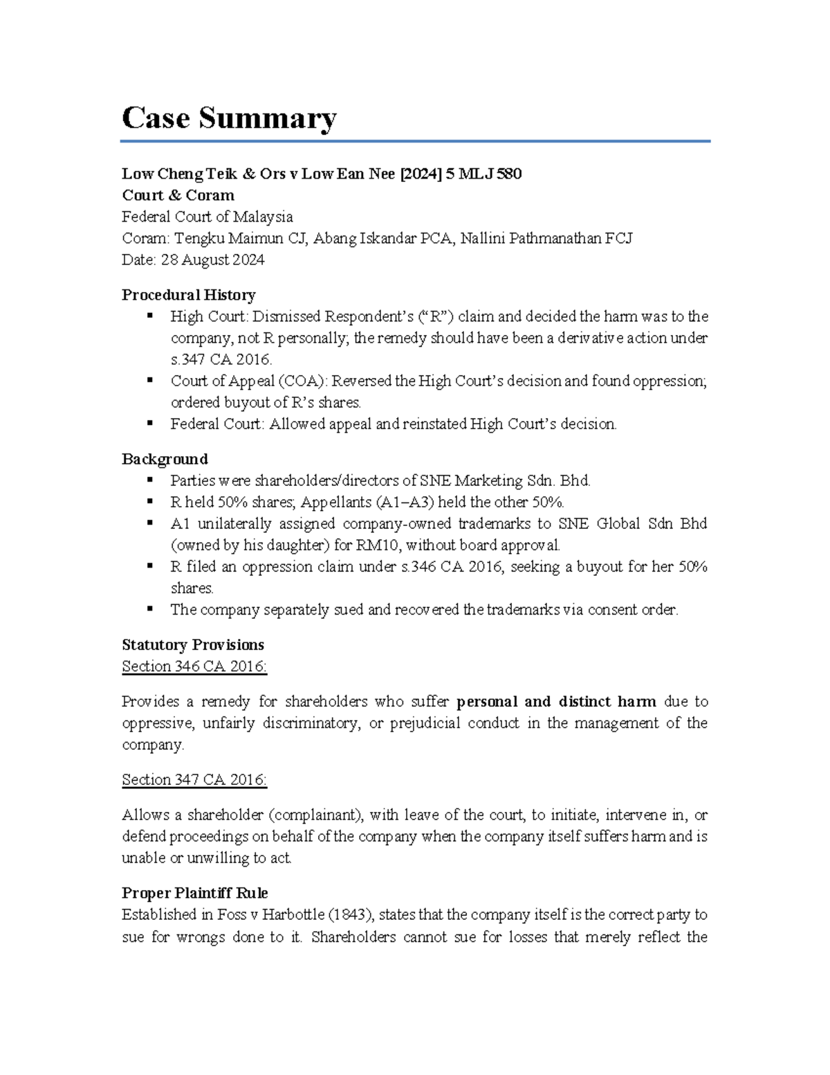 Case Summary: Low Cheng Teik v Low Ean Nee (5 MLJ 580) - Federal Court ...
