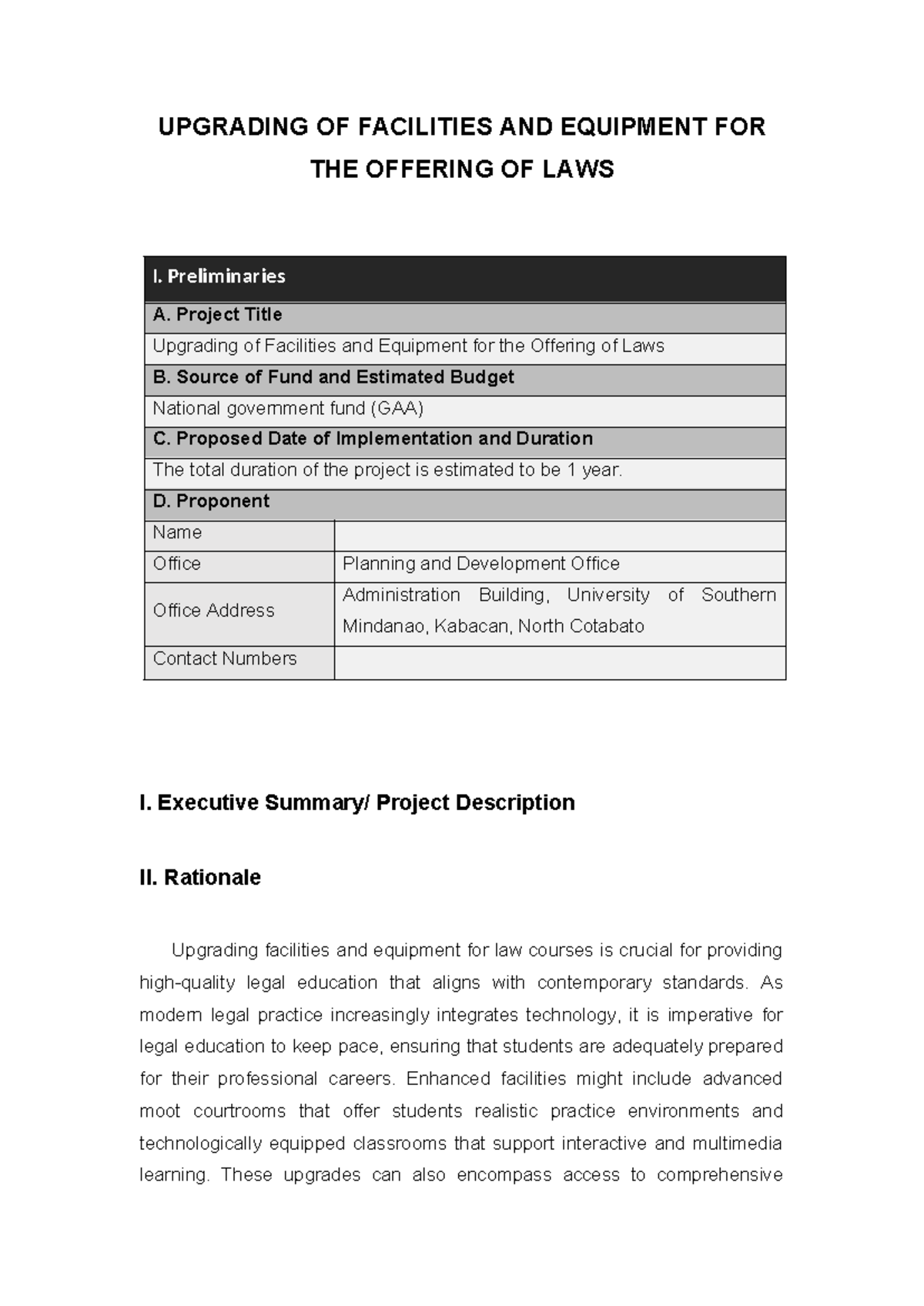UPGRADING OF FACILITIES & EQUIPMENT FOR LAWS I: PROJECT PROPOSAL - Studocu