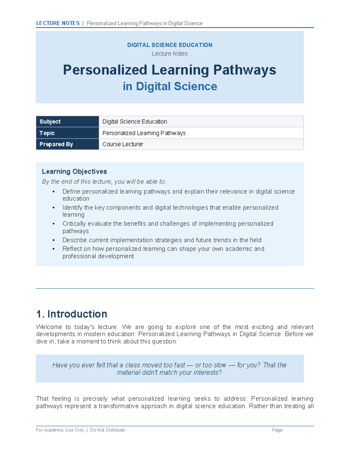 DIGITAL SCIENCE EDUCATION LECTURE NOTES: Personalized Learning Pathways ...