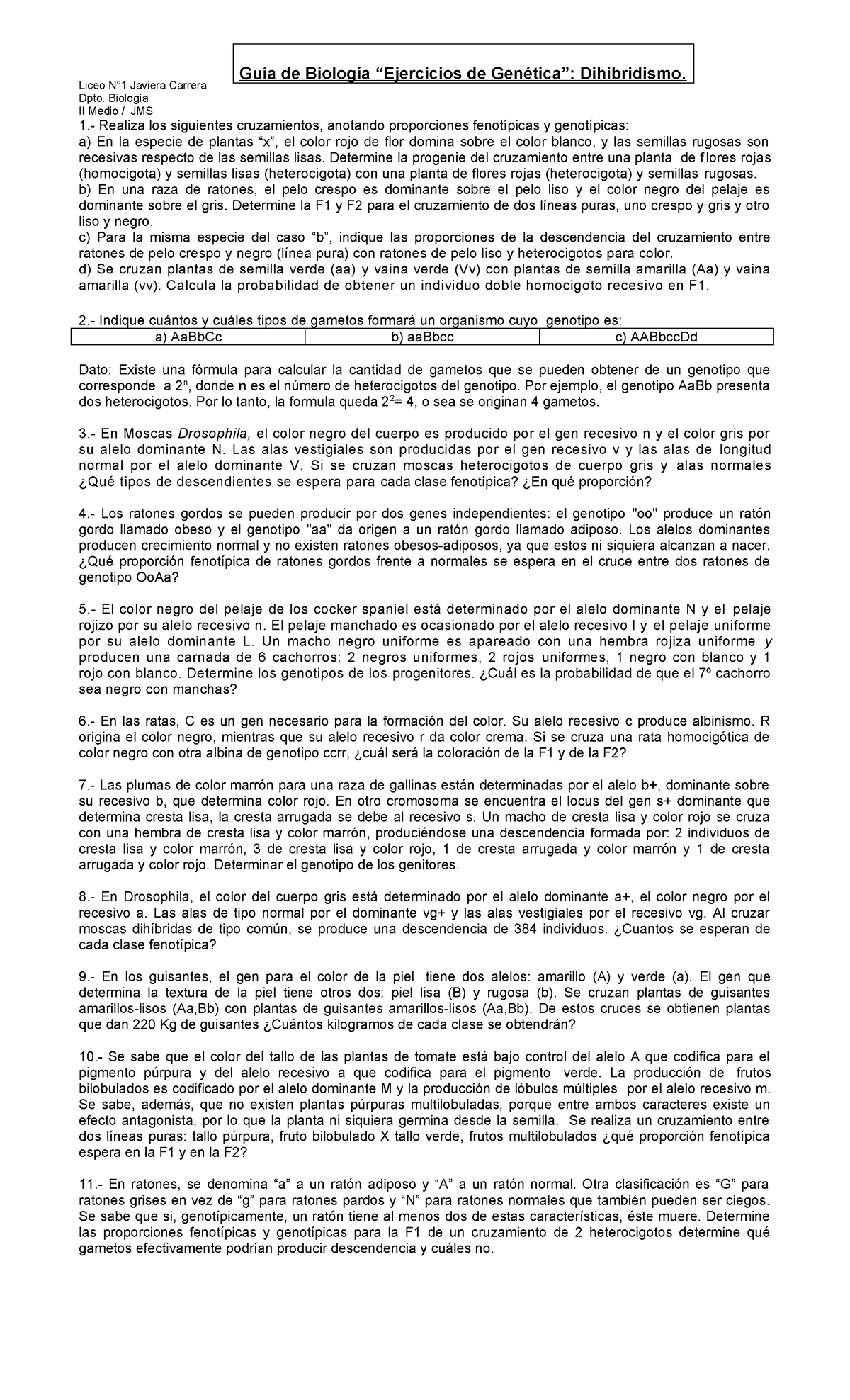 Ejercicios de Genética: Dihibridismo y Proporciones en Cruzamientos ...