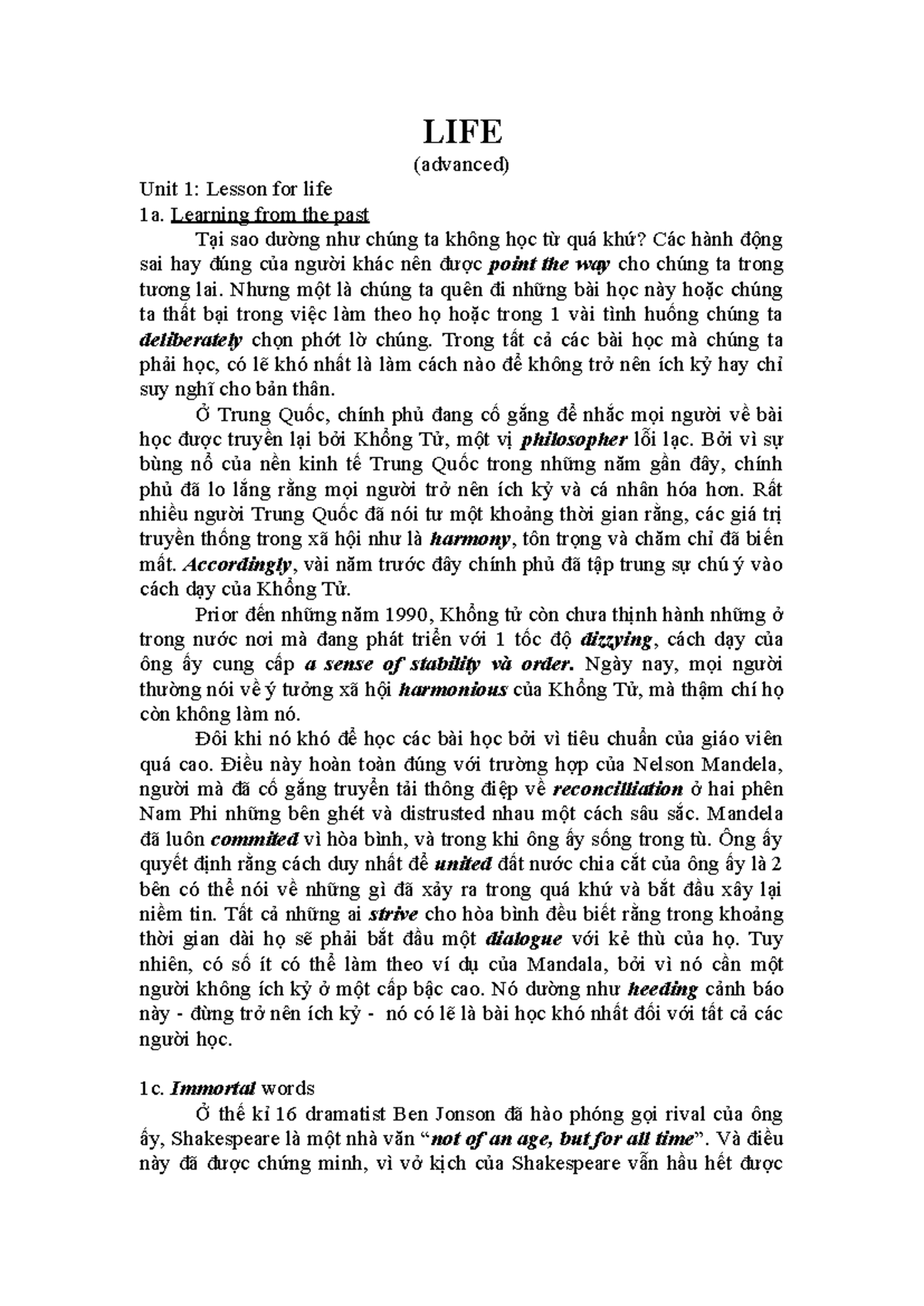 LIFE (advanced) Unit 1: Lesson 1a - Learning from the Past - Studocu