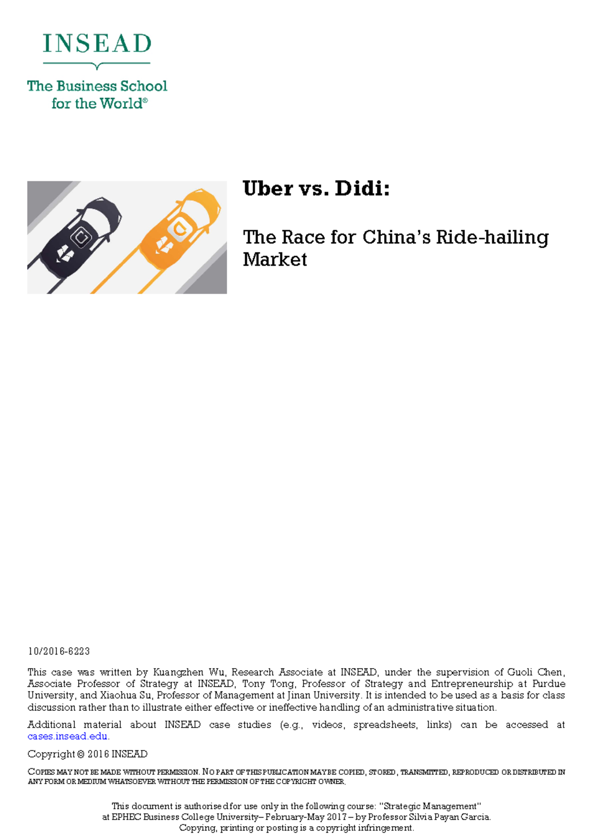 Uber vs Didi: Strategic Management Case Study Analysis (2016) - Studocu