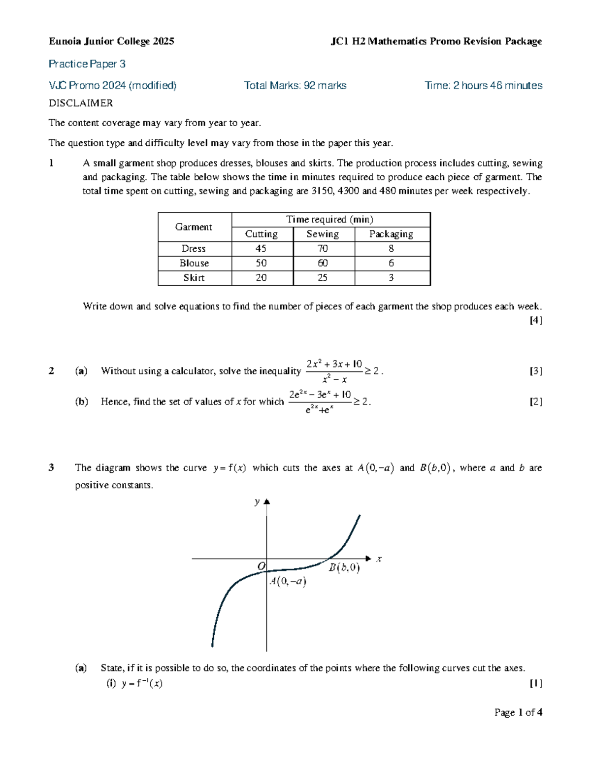 JC1 H2 Mathematics Promo Revision Package Practice Paper 3 VJC 2024 ...