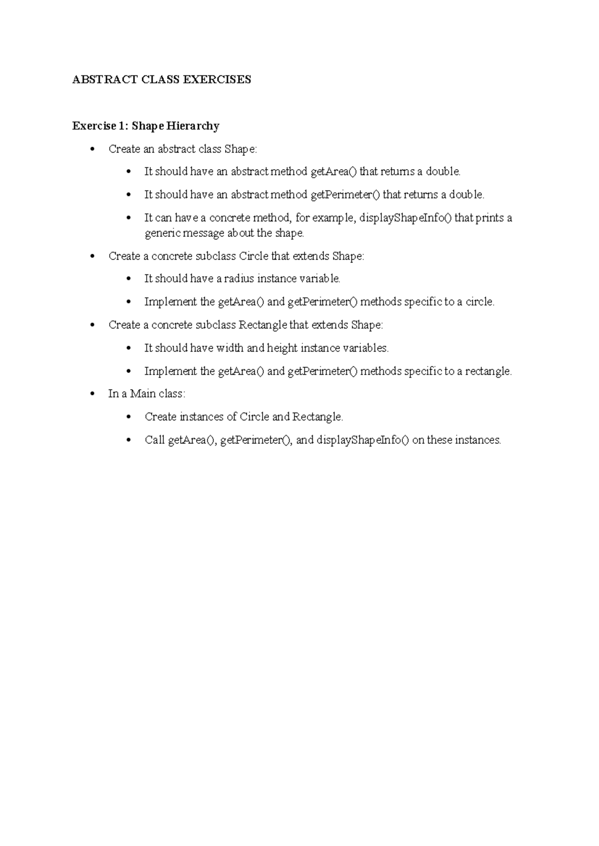 Abstract Class Exercises: Shape, Employee, and Vehicle Hierarchy - Studocu