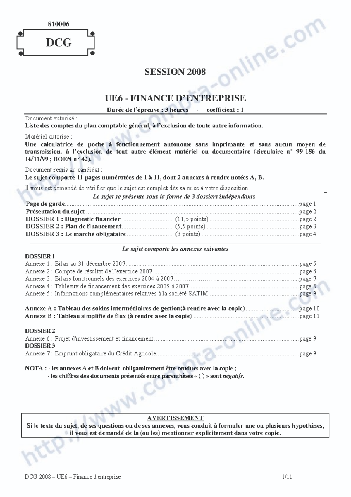 DCG 2008 UE6 Finance - Sujet de l'Examen de 3 Heures - Studocu