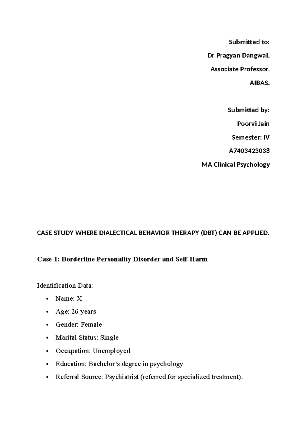 DBT Case Study: Application of Dialectical Behavior Therapy Techniques ...