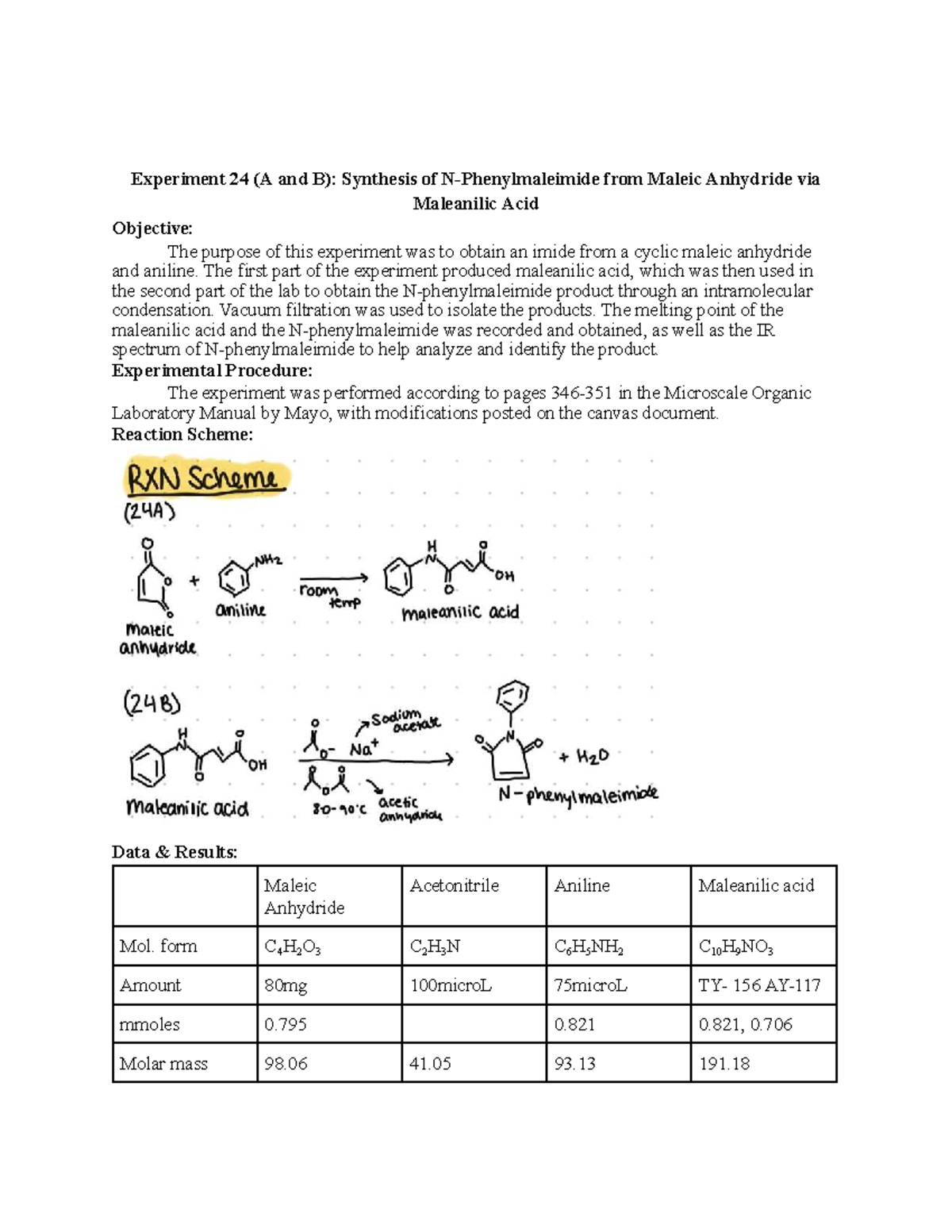 Orgo 2 Lab Report: Experiment 24A & B - Imide Synthesis from Maleic ...
