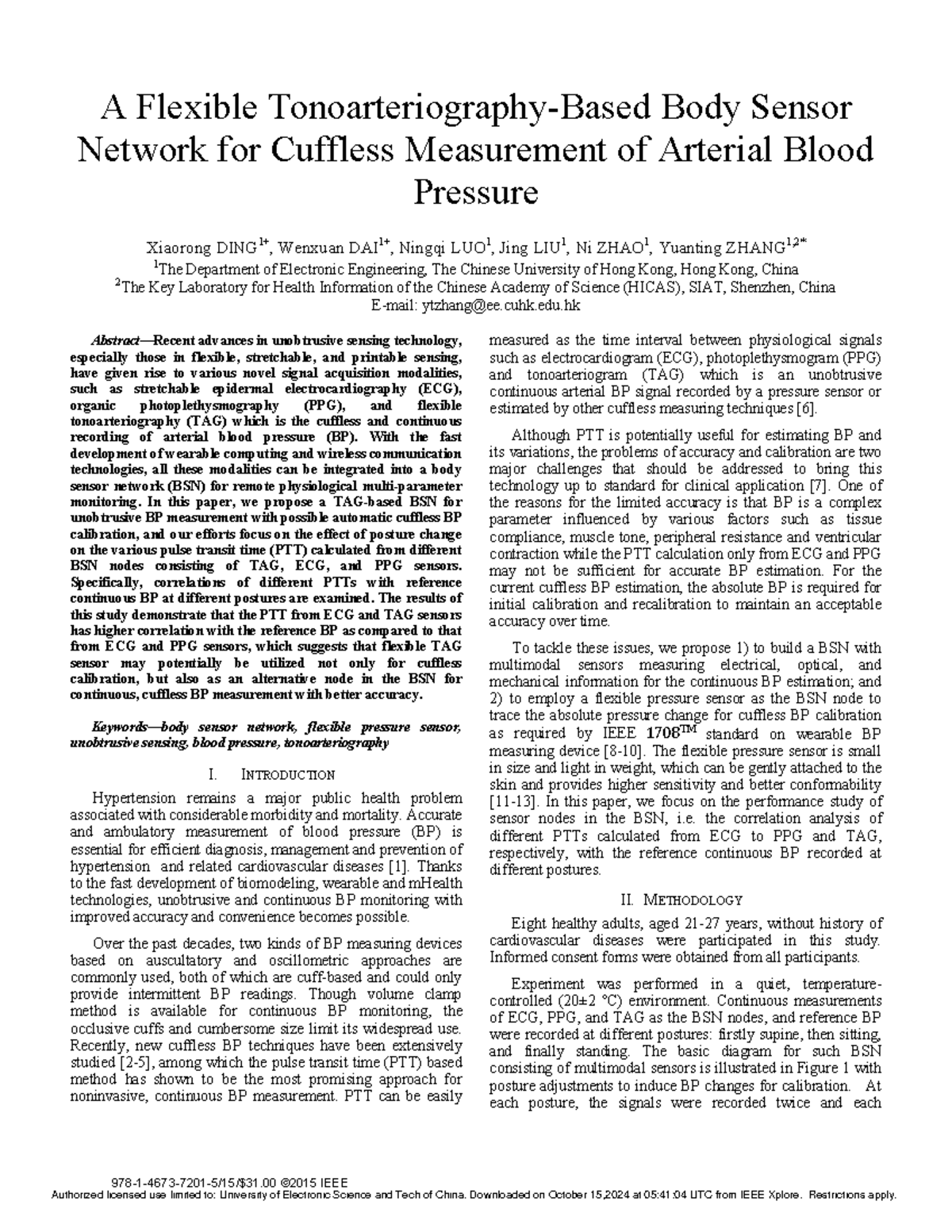 Cuffless ABP Measurement via Flexible Tonoarteriography-Based BSN - Studocu