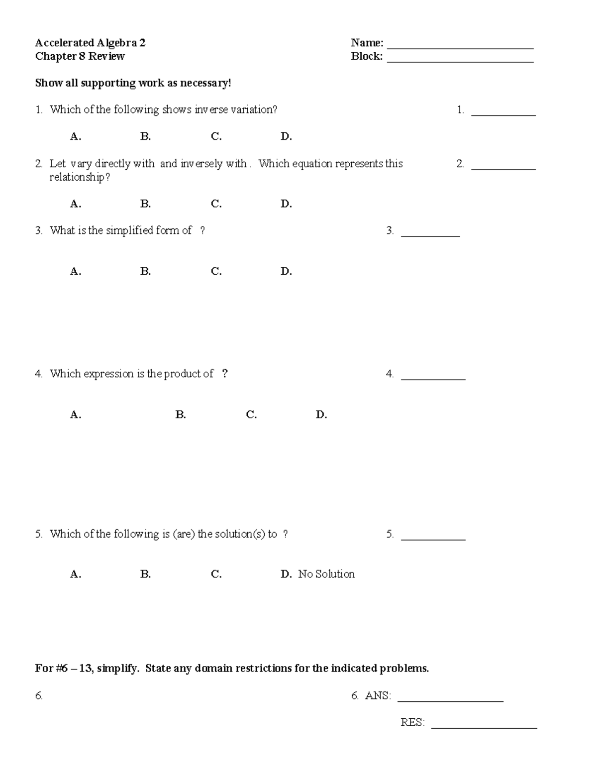 Chapter 8 Test Review - Homework - Accelerated Algebra 2 Name ...