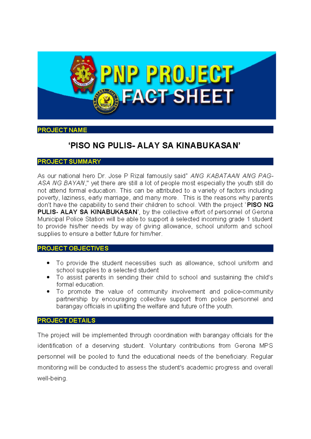 PISO NG ALAY SA Kinabukasan: Project Summary & Objectives - Studocu