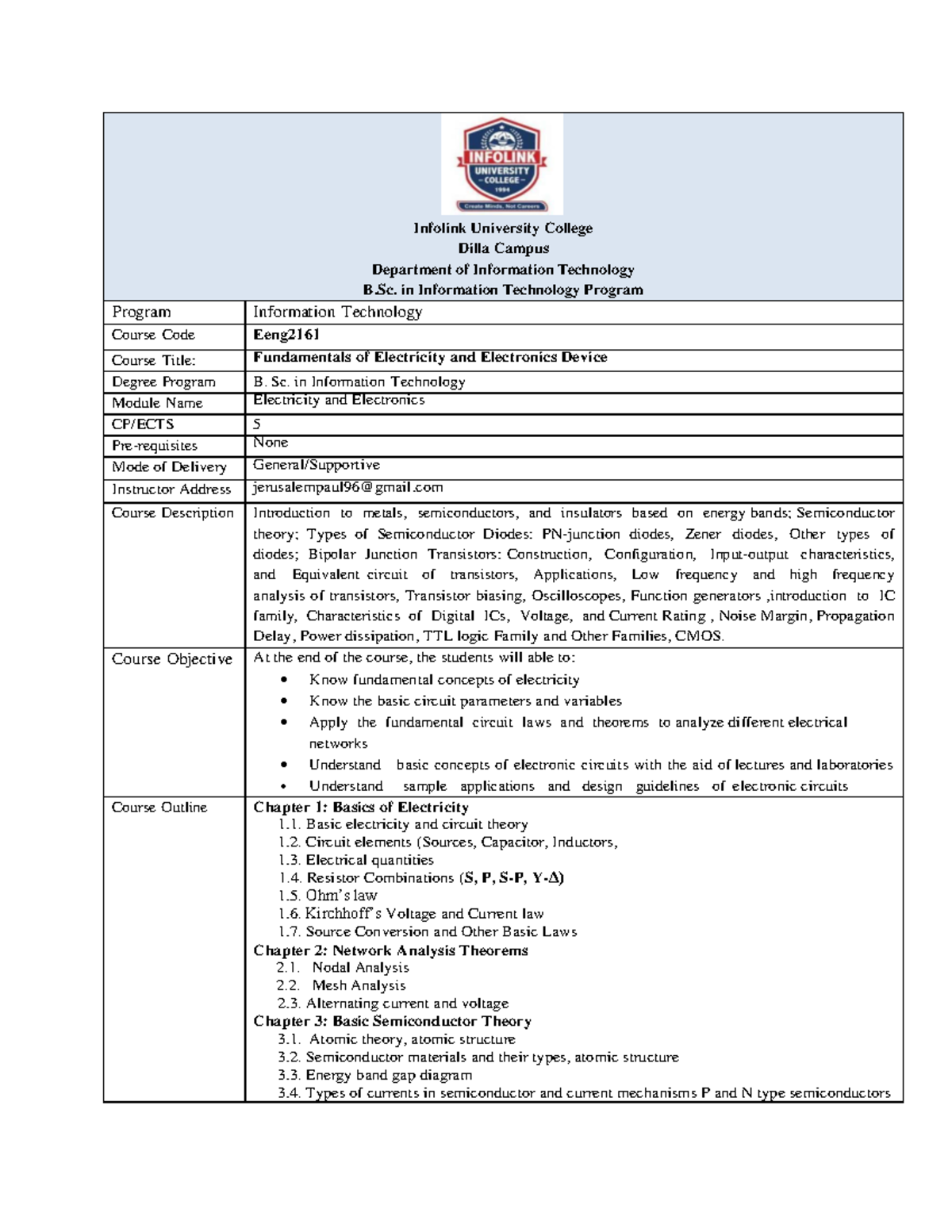 EENG2161 Course Outline: Fundamentals of Electricity & Electronics - Studocu