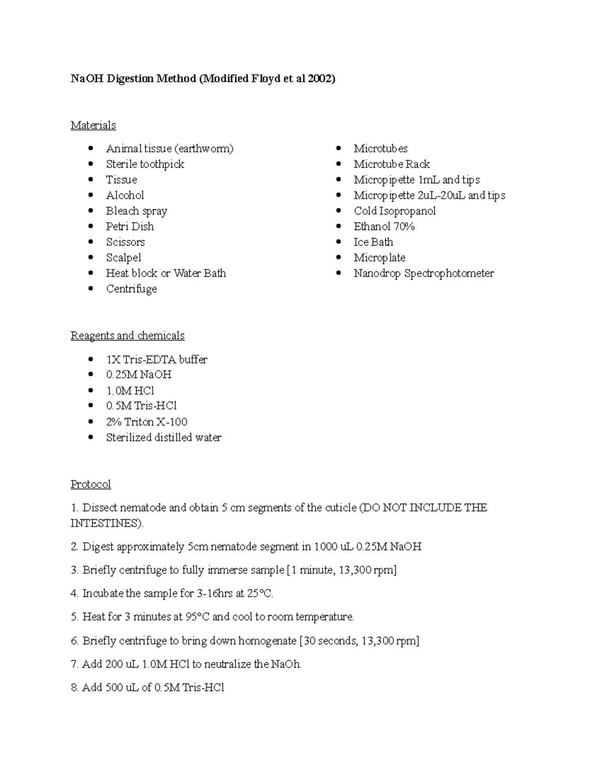 DNA Extraction Protocol for Nematodes Using NaOH Method (Biol 101 ...