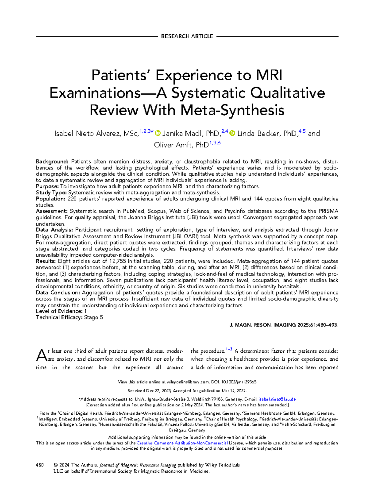 Patient MRI Experience: Systematic Review (JMRI-61-480) - Studocu