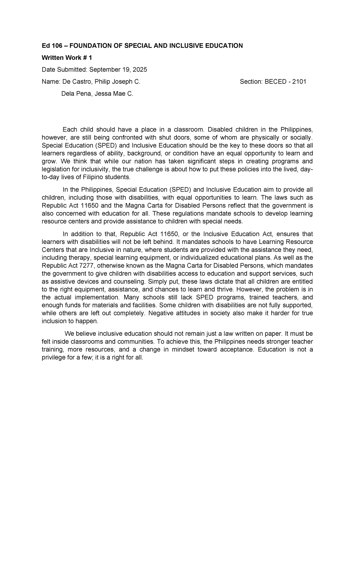 Ed 106 - Foundation of Special & Inclusive Education: Written Work 1 ...