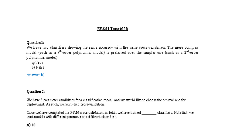 EE2211 Tutorial 10 Q&A: Classifier Performance & Metrics - Studocu