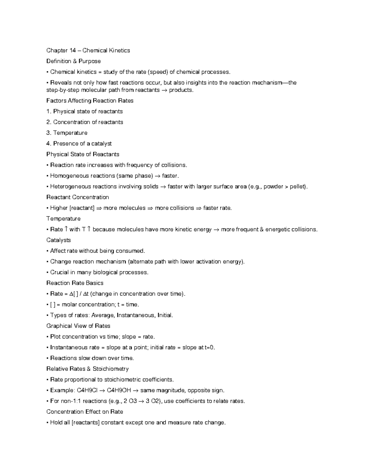 Chemical Kinetics Notes: Chapter 14 Overview and Key Concepts - Studocu