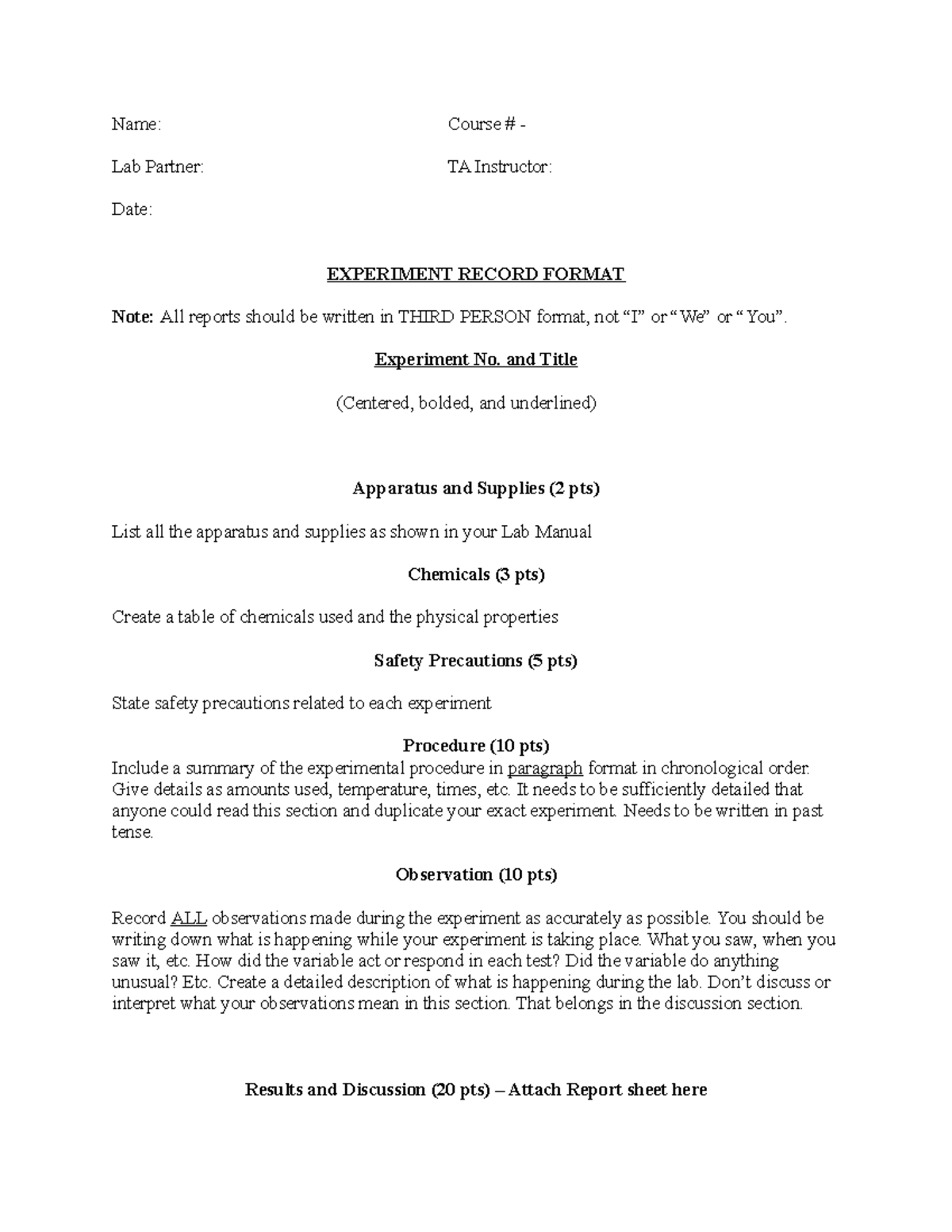 Lab Report Outline Name Course Lab Partner Ta Instructor Date