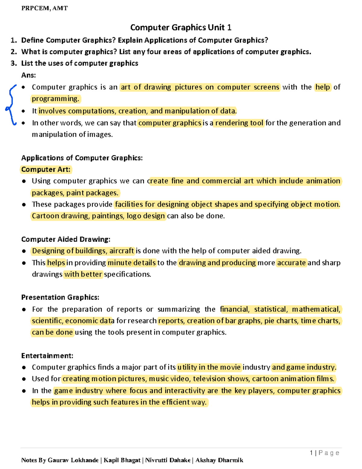 CG Unit 1 Introduction to Computer Graphics - 1 | P a g e Computer ...