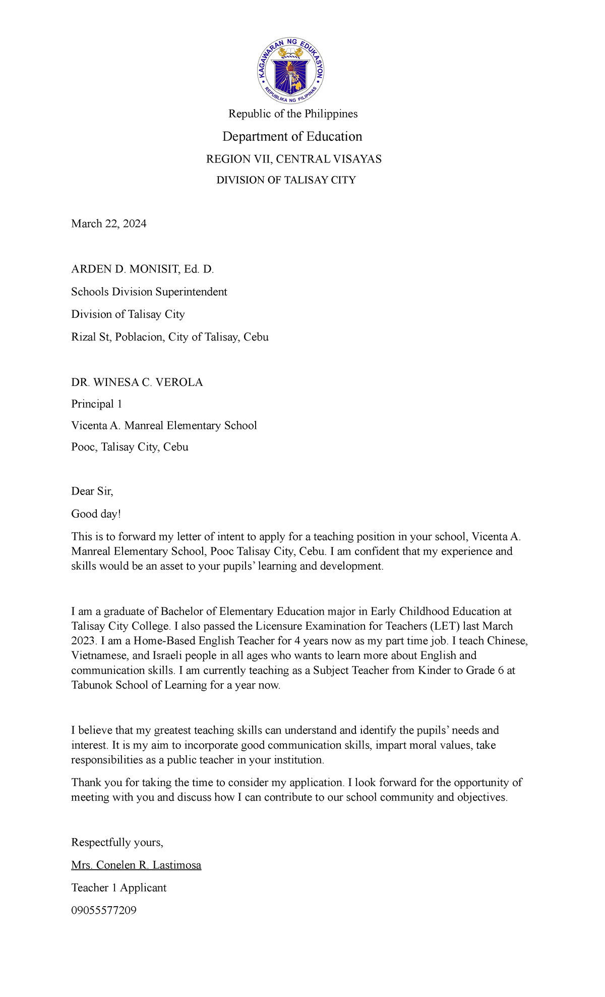 Letter of Intent for Teaching Position Application - Studocu