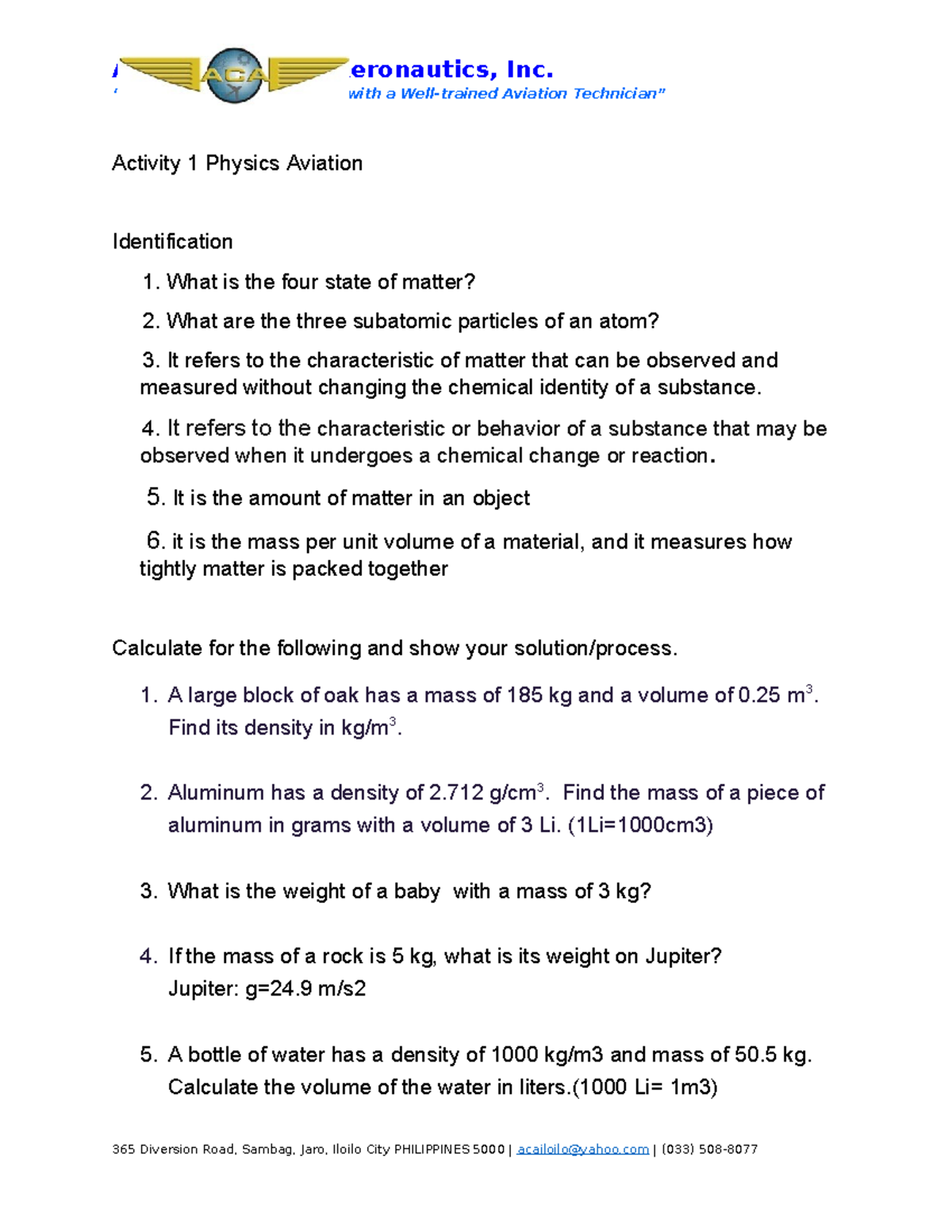 Aviation Activity 1: Understanding Weight and Mass in Physics - Studocu