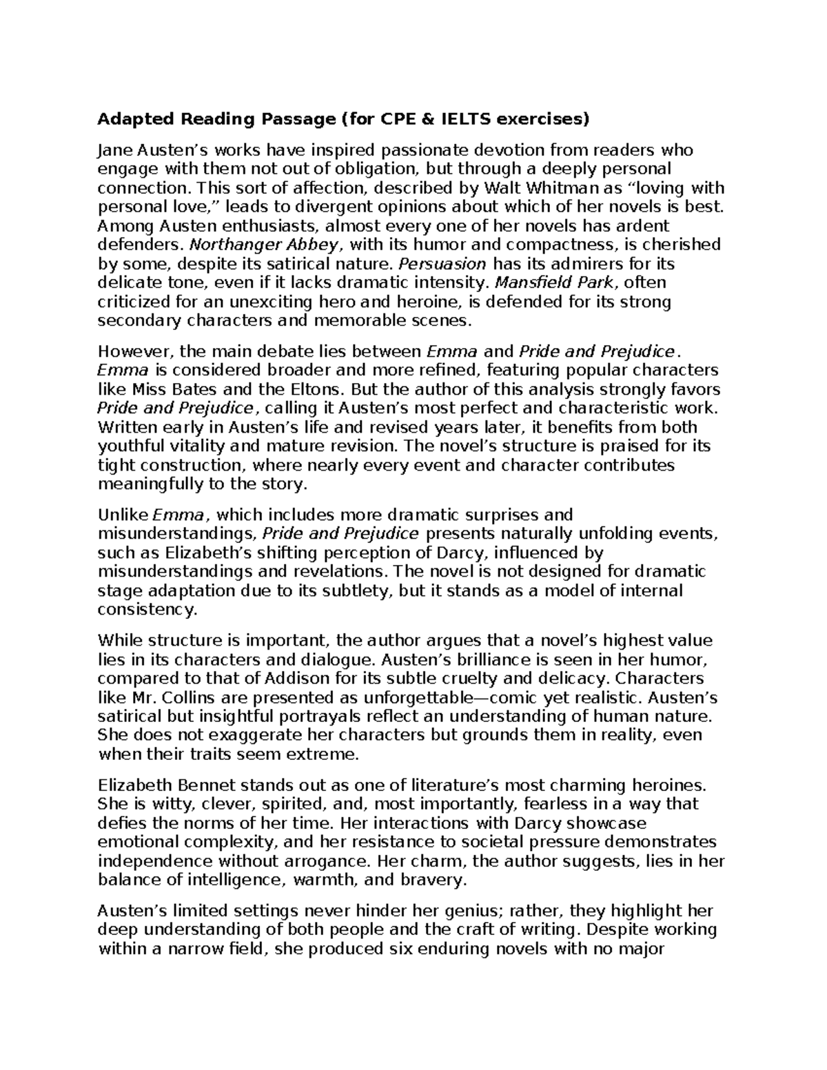 Pride and Prejudice Analysis & CPE IELTS Reading Exercise - Studocu