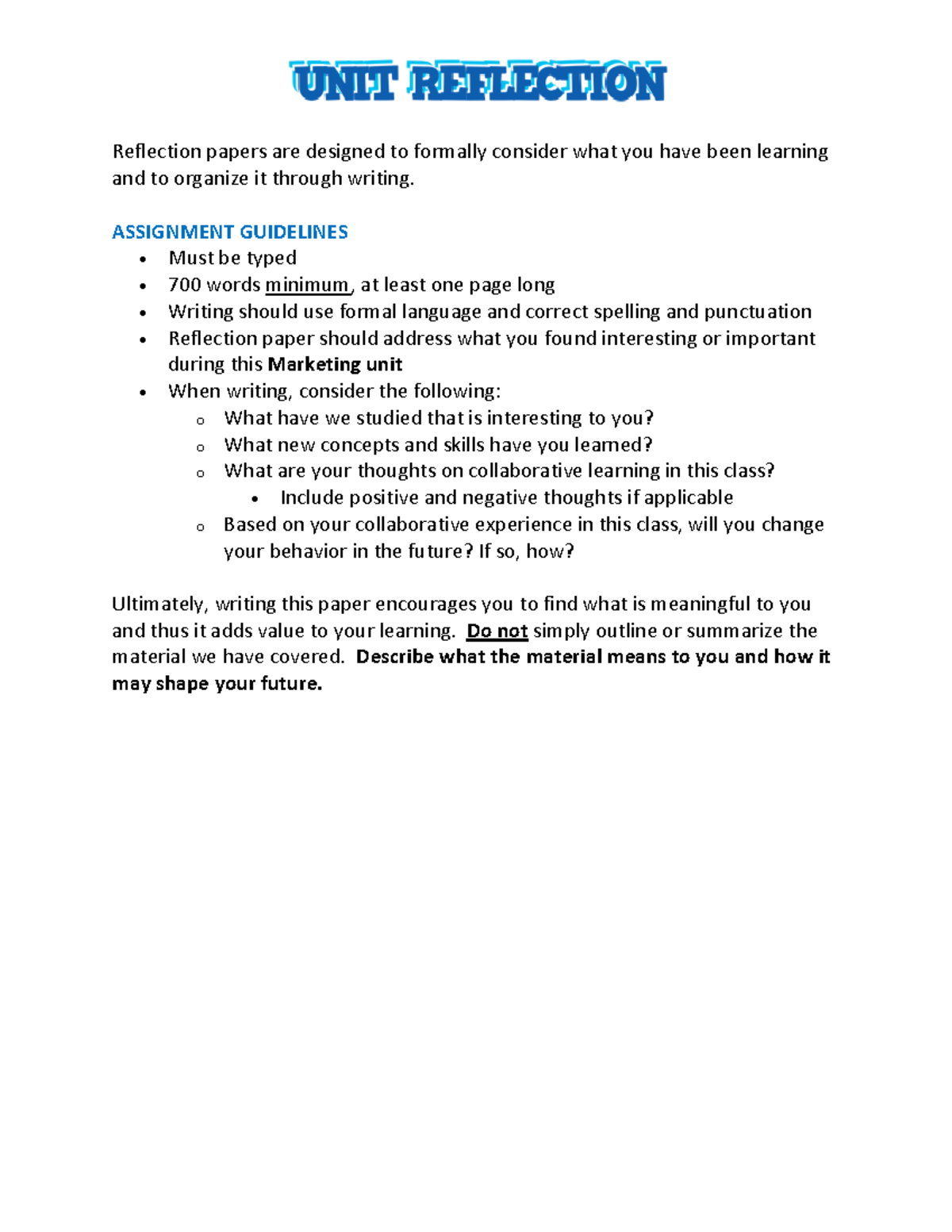 Reflection Paper Guidelines & Rubric for MKT 16 2 - Studocu
