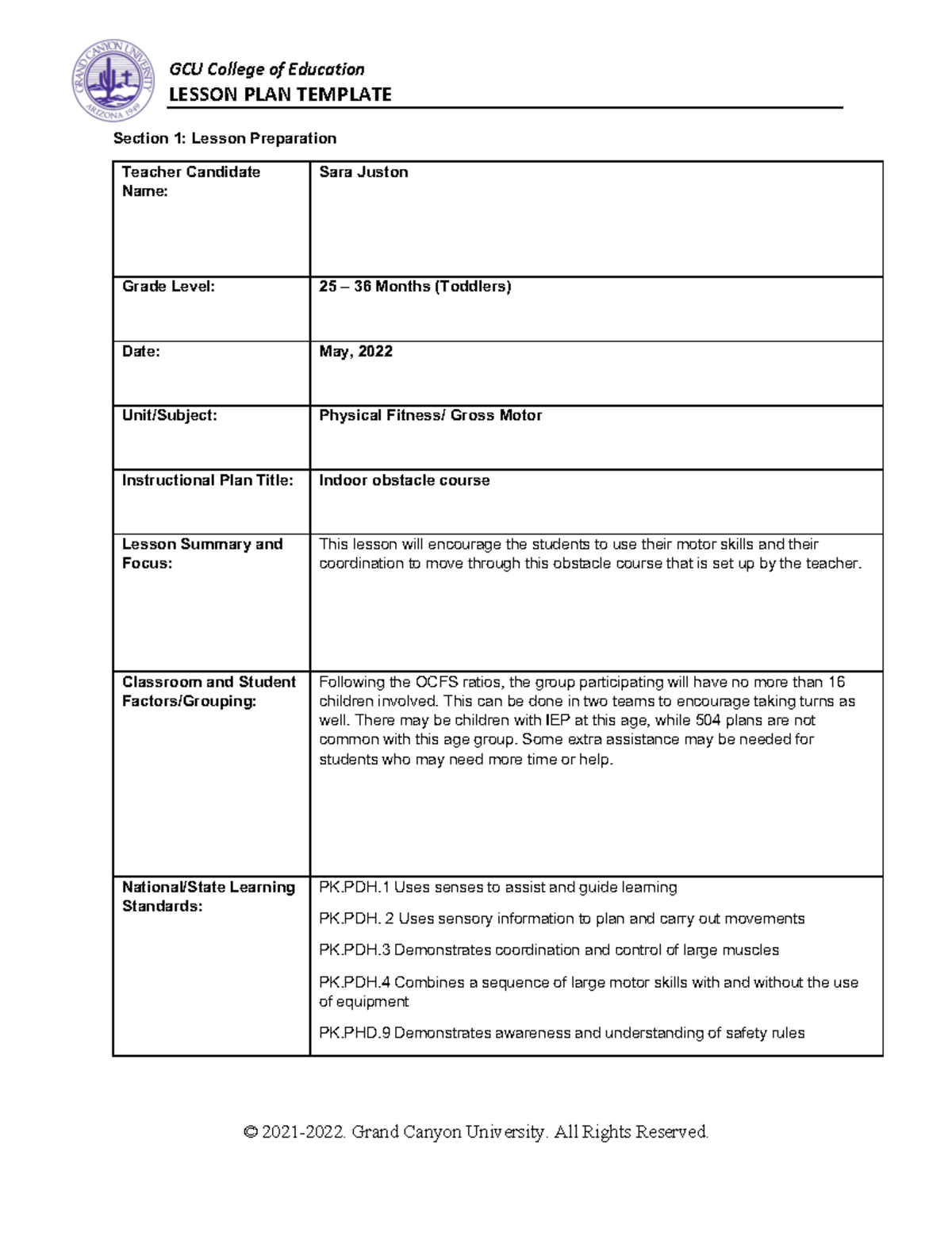 ECE 300 fitness lesson plan - LESSON PLAN TEMPLATE Section 1: Lesson ...