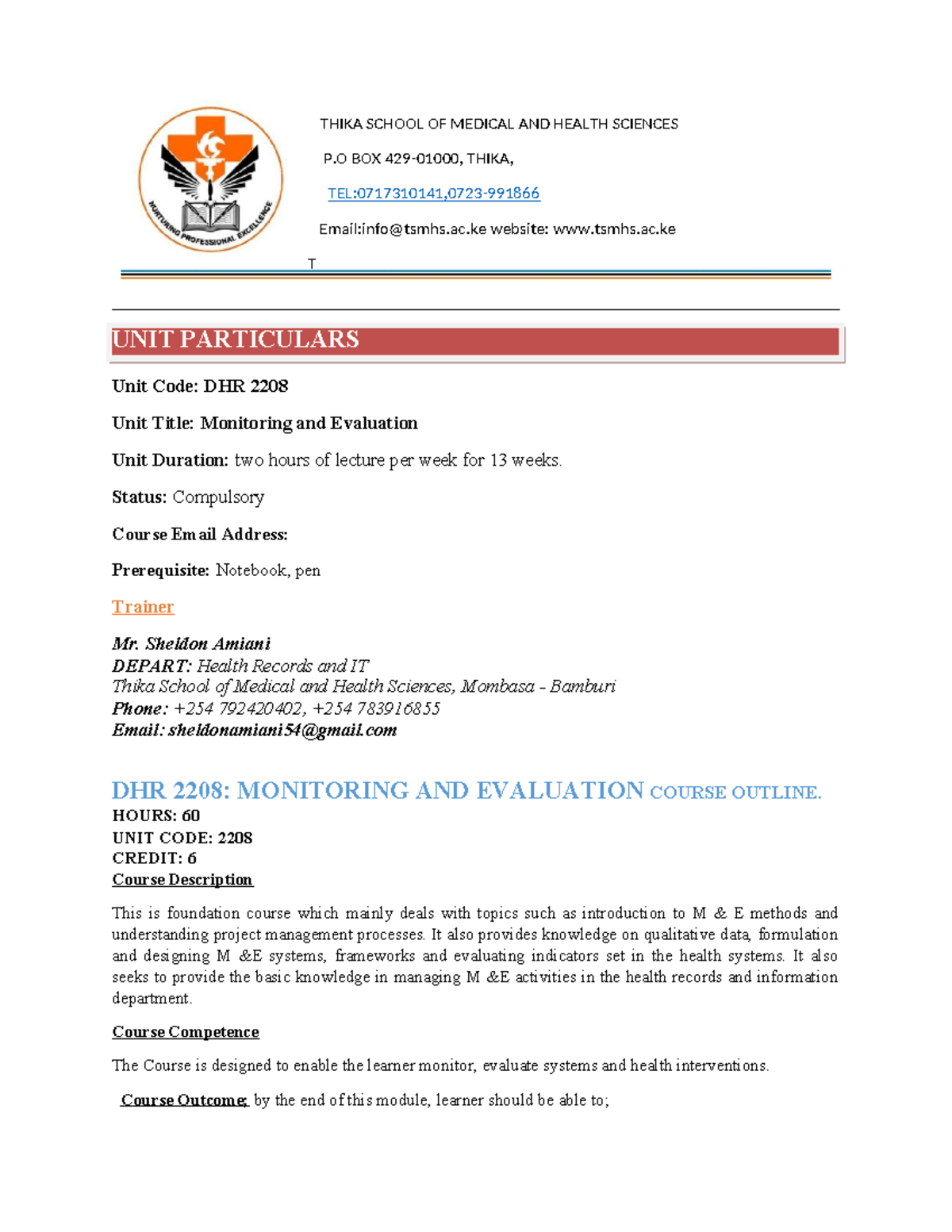 DHR 2208: Monitoring and Evaluation Course Outline and Details - Studocu