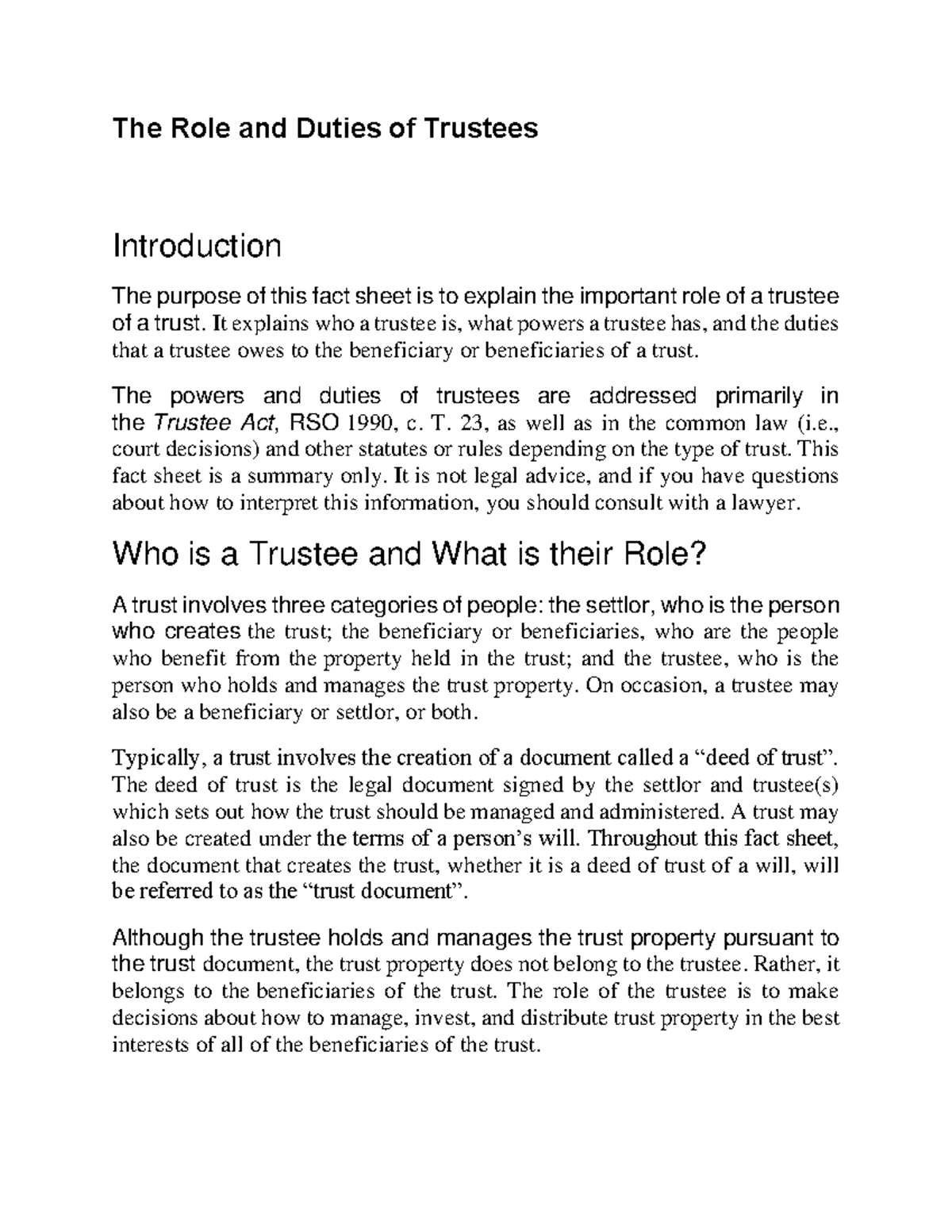 The Role and Duties of Trustees: An Overview (Trustee Act RSO 1990 ...