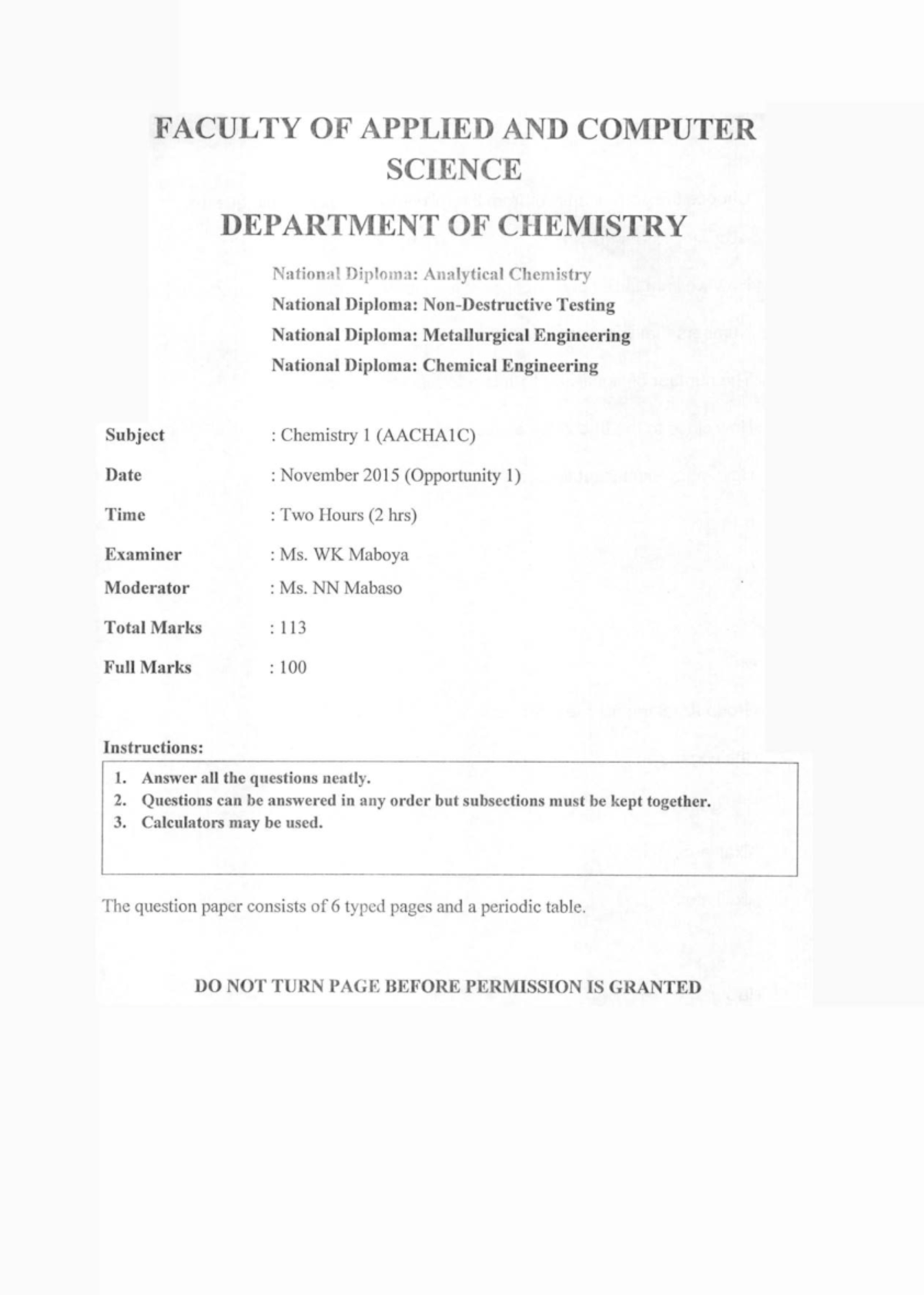 Chemistry 1 (AACHA1C) November 2015 Opportunity 1 Exam Paper - Studocu