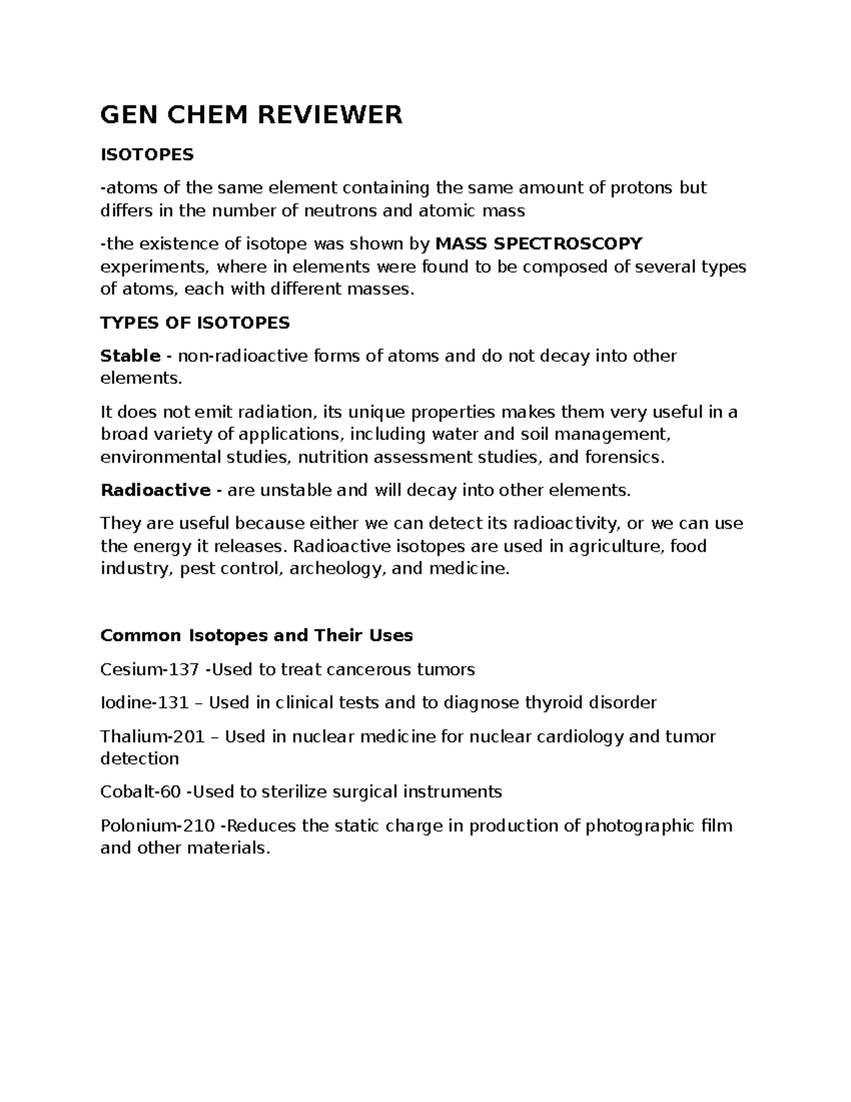 GEN CHEM REVIEWER: ISOTOPES, COMPOUNDS & NOMENCLATURE - Studocu