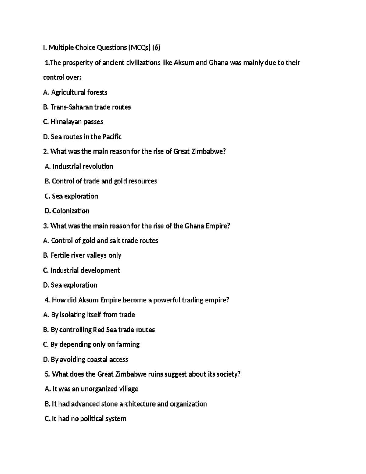 Mscs 2 - Final Exam MCQs on Ancient African Civilizations - Studocu