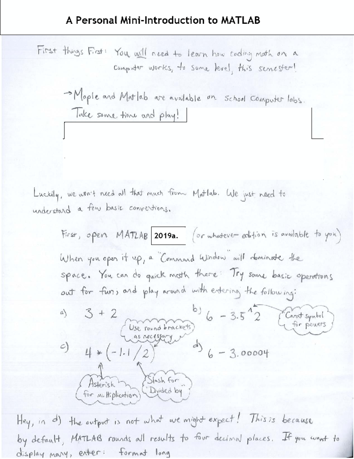 A Personal Mini-Introduction to MATLAB: Basics and Functions - Studocu