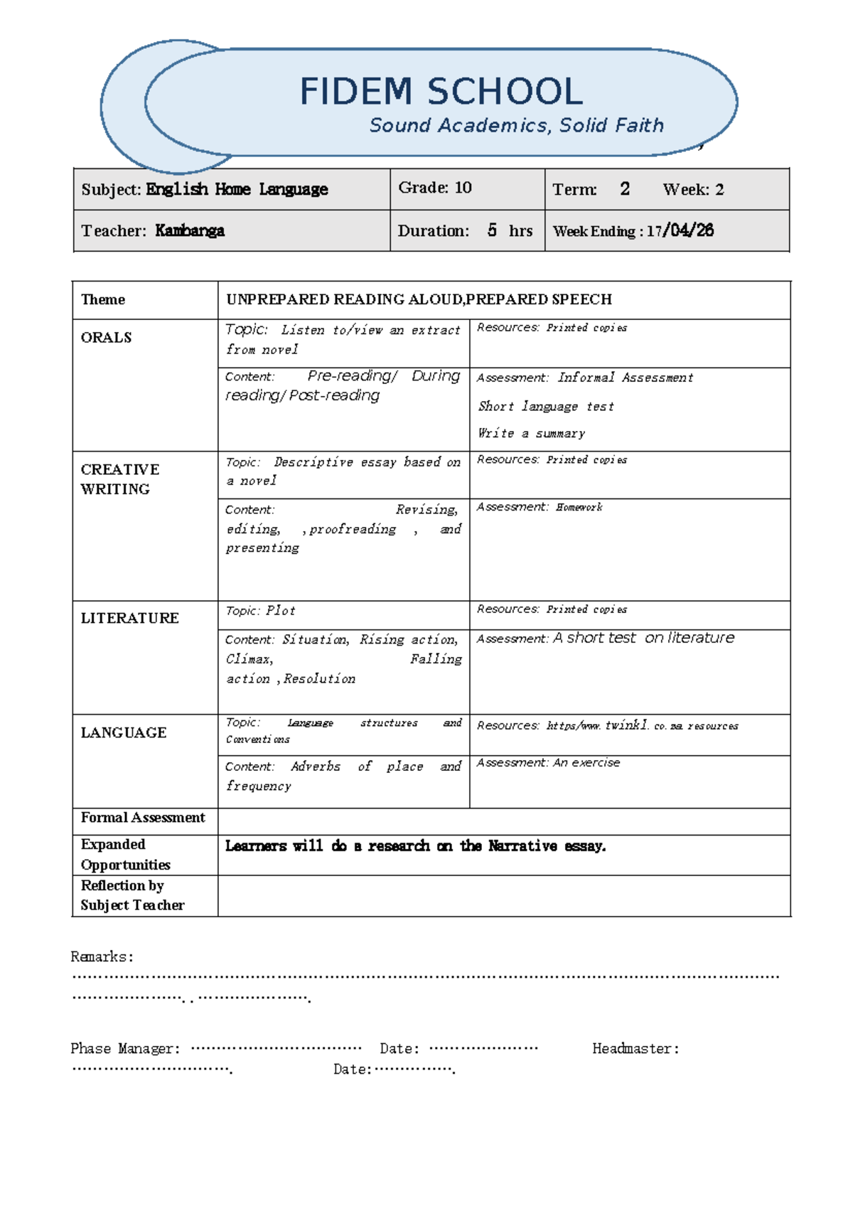 Grade 10 EHL Term 2 Week 2 Lesson Plan: Unprepared Reading & Creative ...