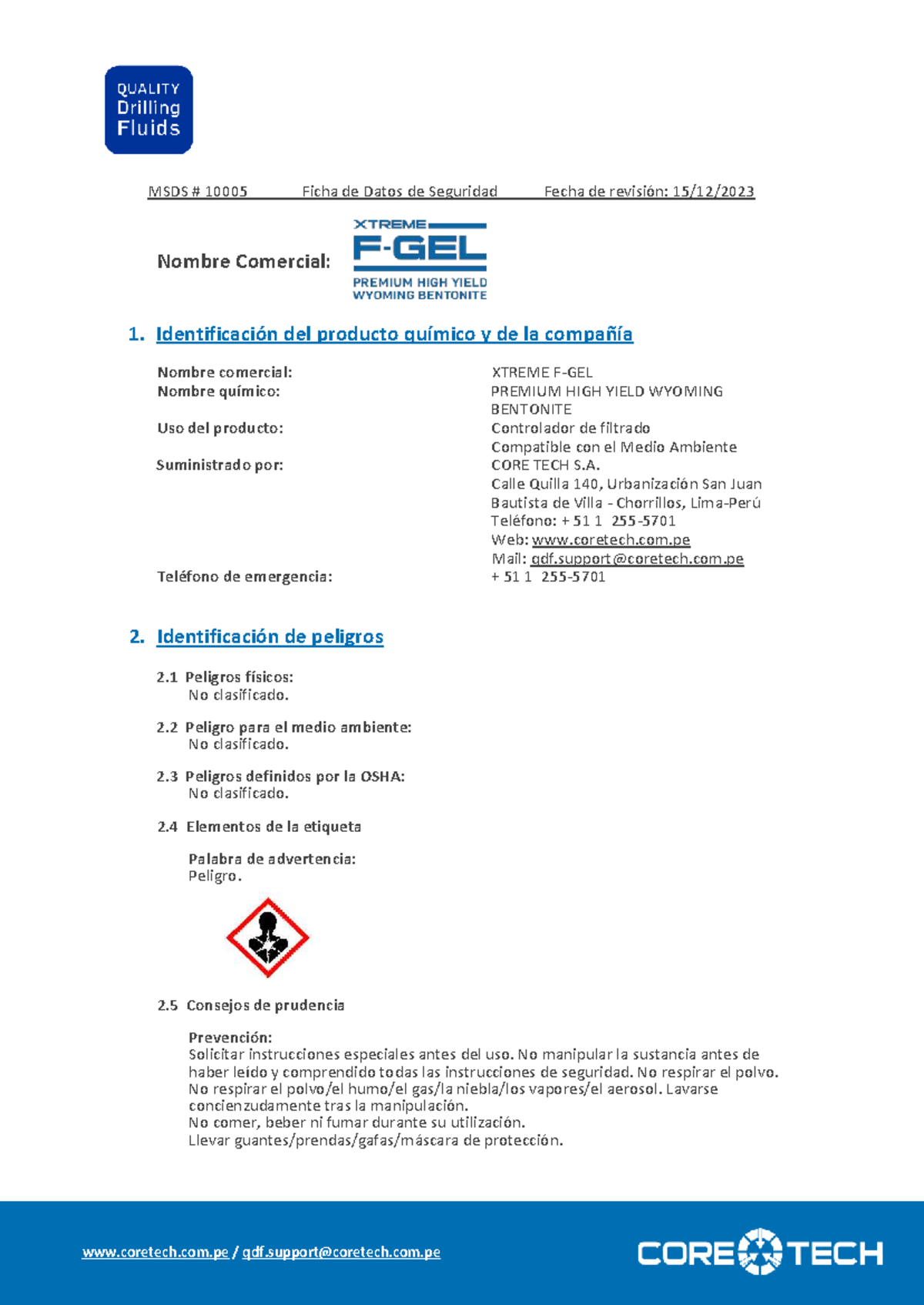 MSDS de Bentonita - PSI: Ficha de Datos de Seguridad y Peligros - Studocu