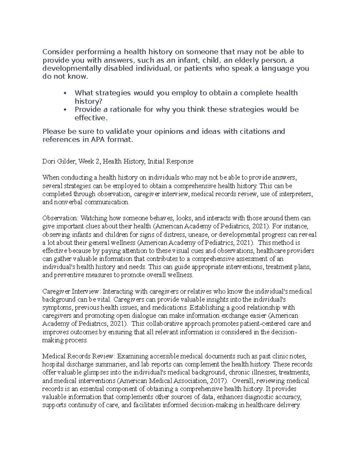 Health History Assessment Strategies for Non-Verbal Patients - Studocu
