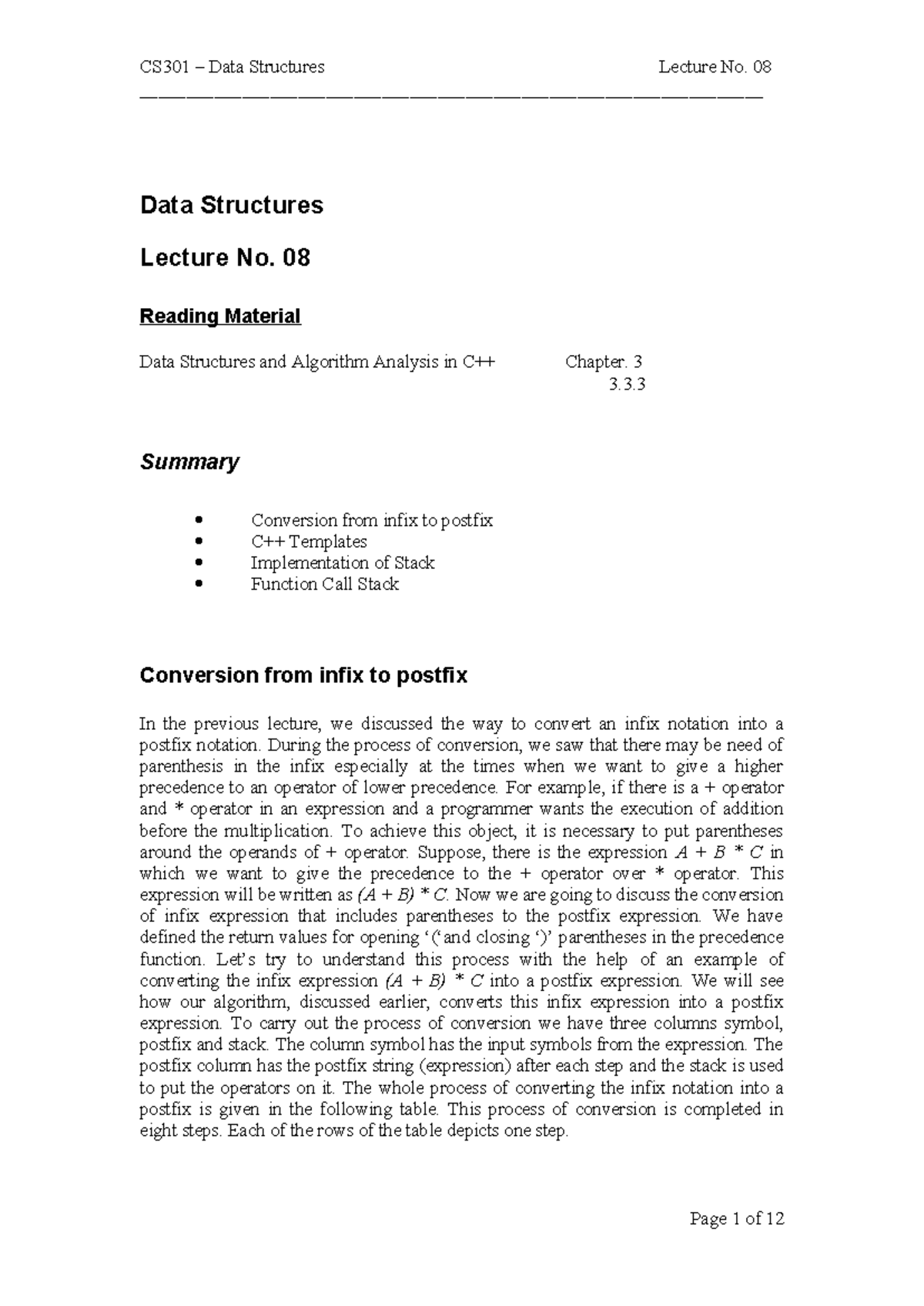 CS301 Data Structures Lecture 08: Infix to Postfix Conversion & Stack ...
