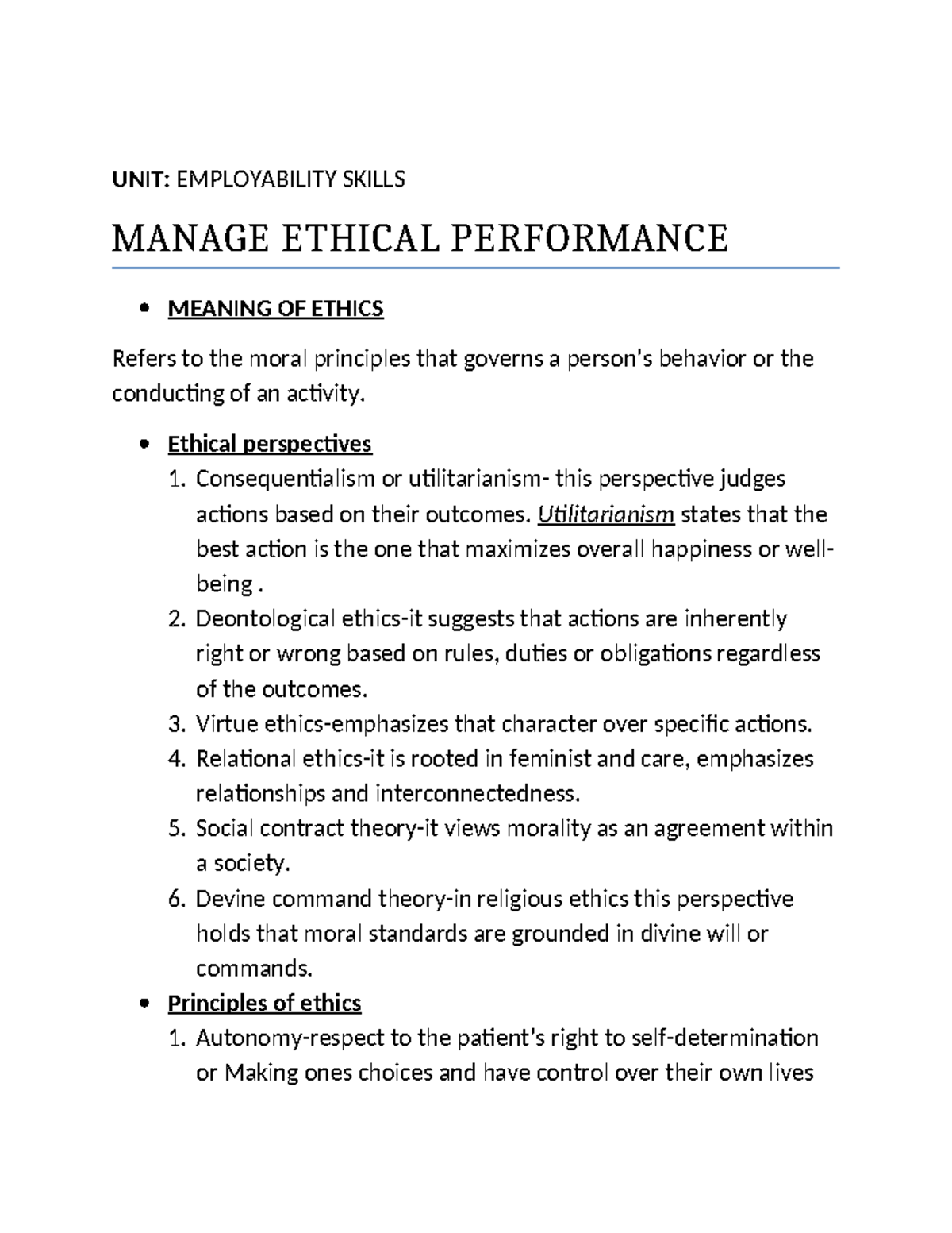 Ethical Performance Management and Employability Skills Overview - Studocu