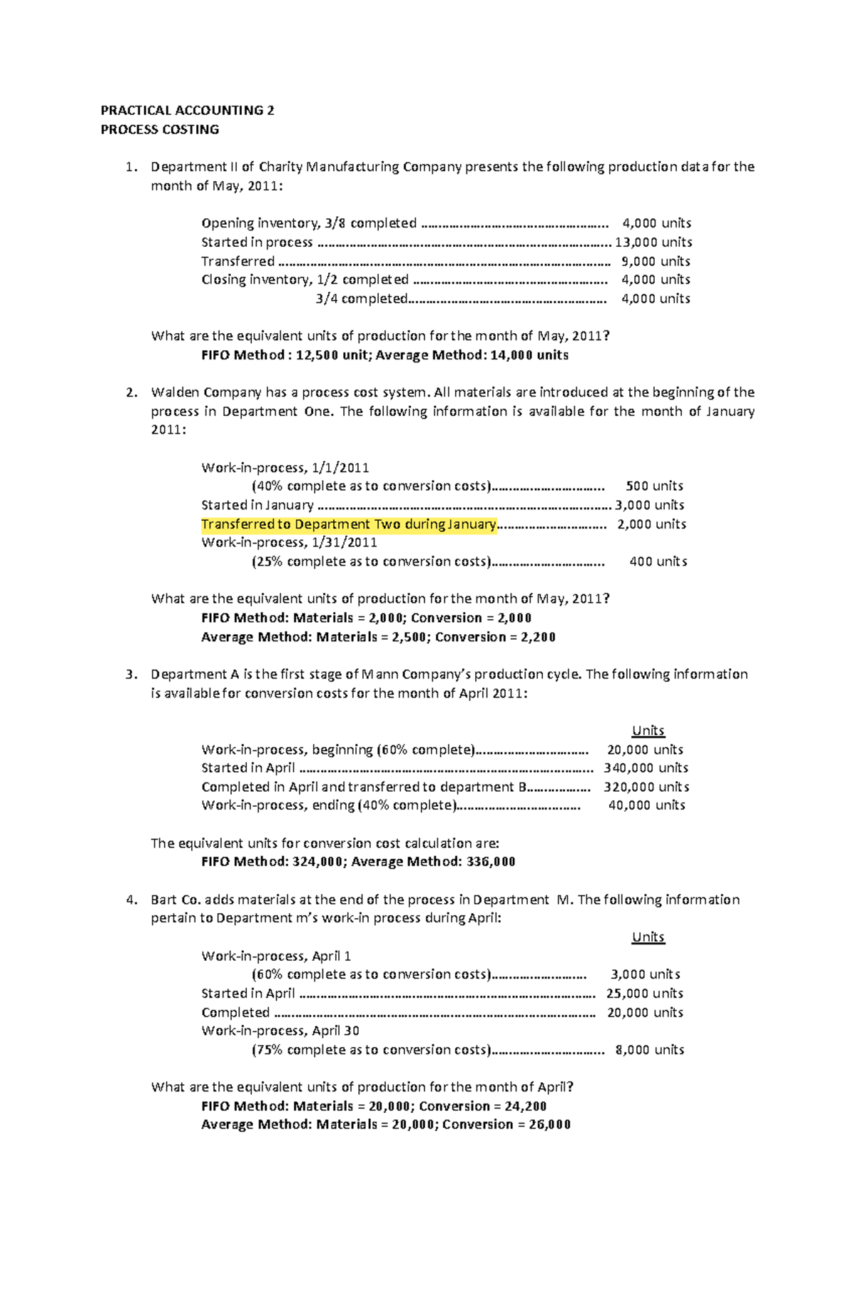 Cost Accounting 2 - Chapter 6 Process Costing Practice Problems - Studocu