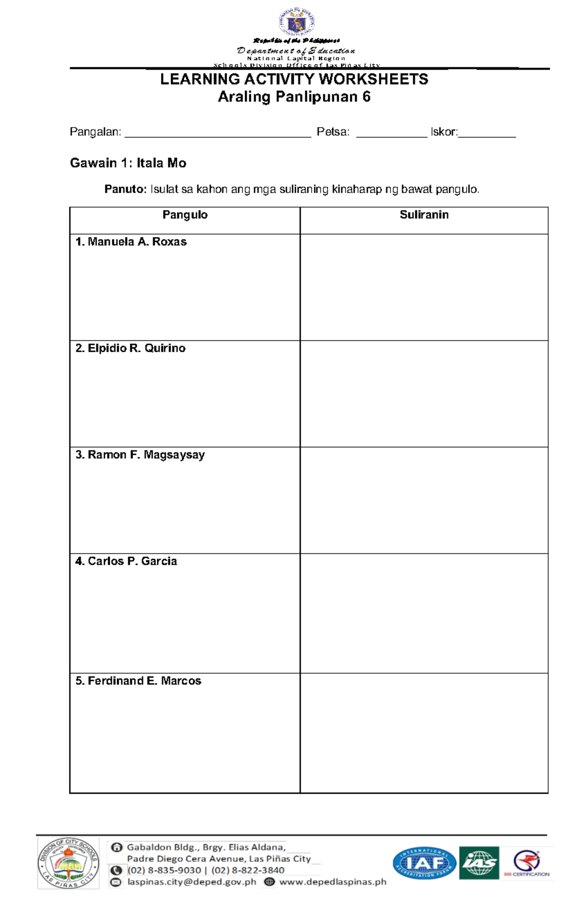 AP6-3rd-Q-LAW1 ( week 1-2 ) - R e pu b lic o f the P hilippin e s D e ...