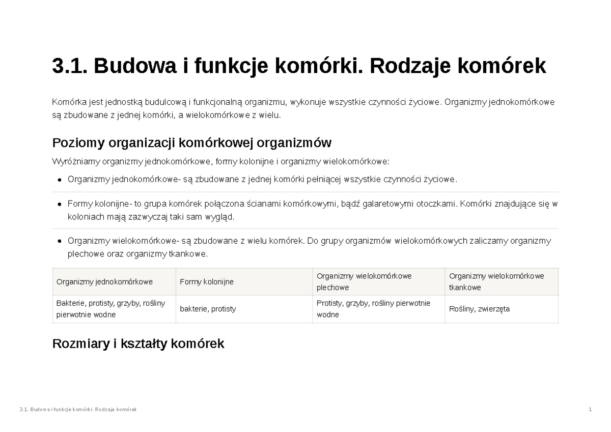 Budowa i funkcje komórki - Rodzaje komórek w organizmach ...